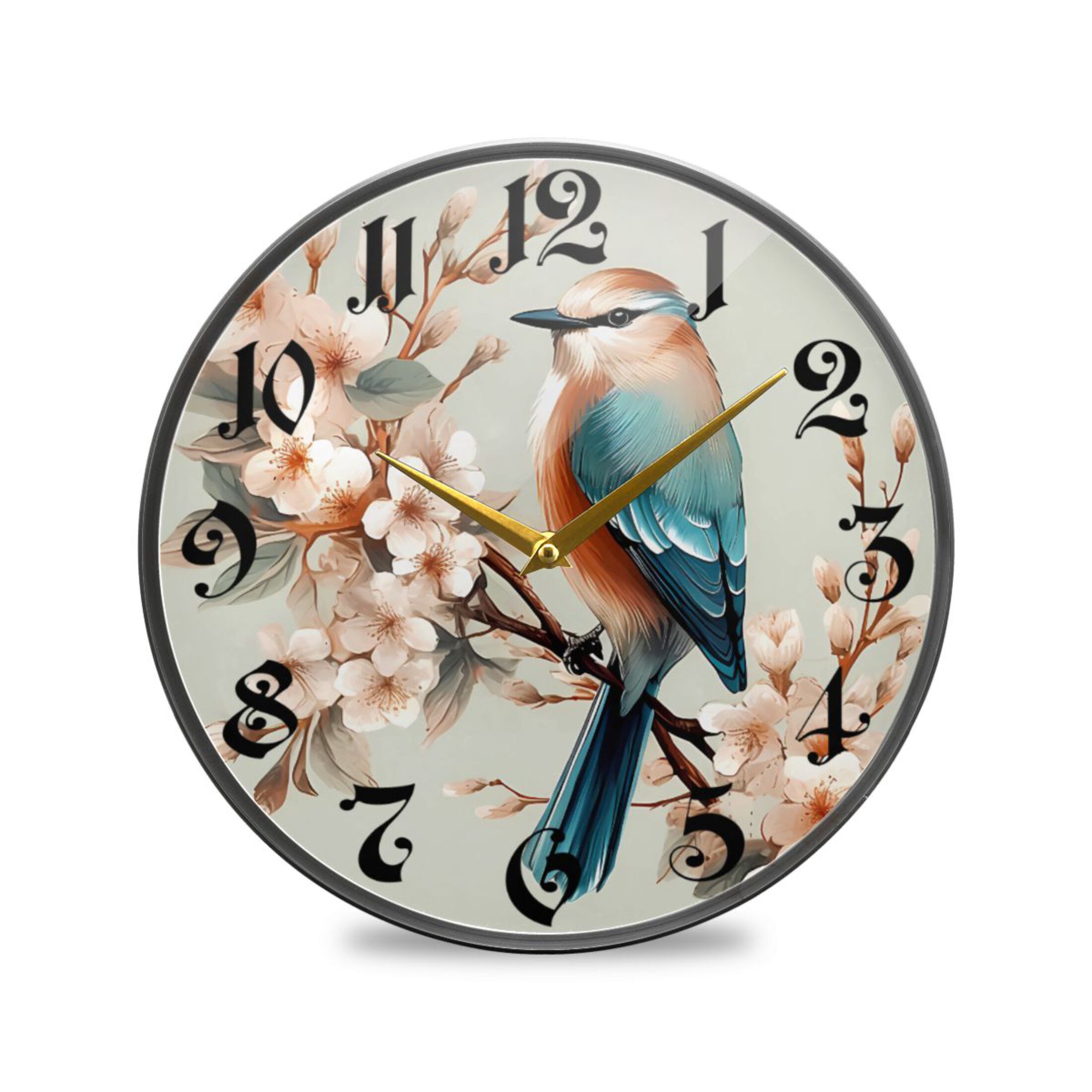 12" Round Silent Wall Clocks Bird on Cherry Flowers Acrylic Battery ...