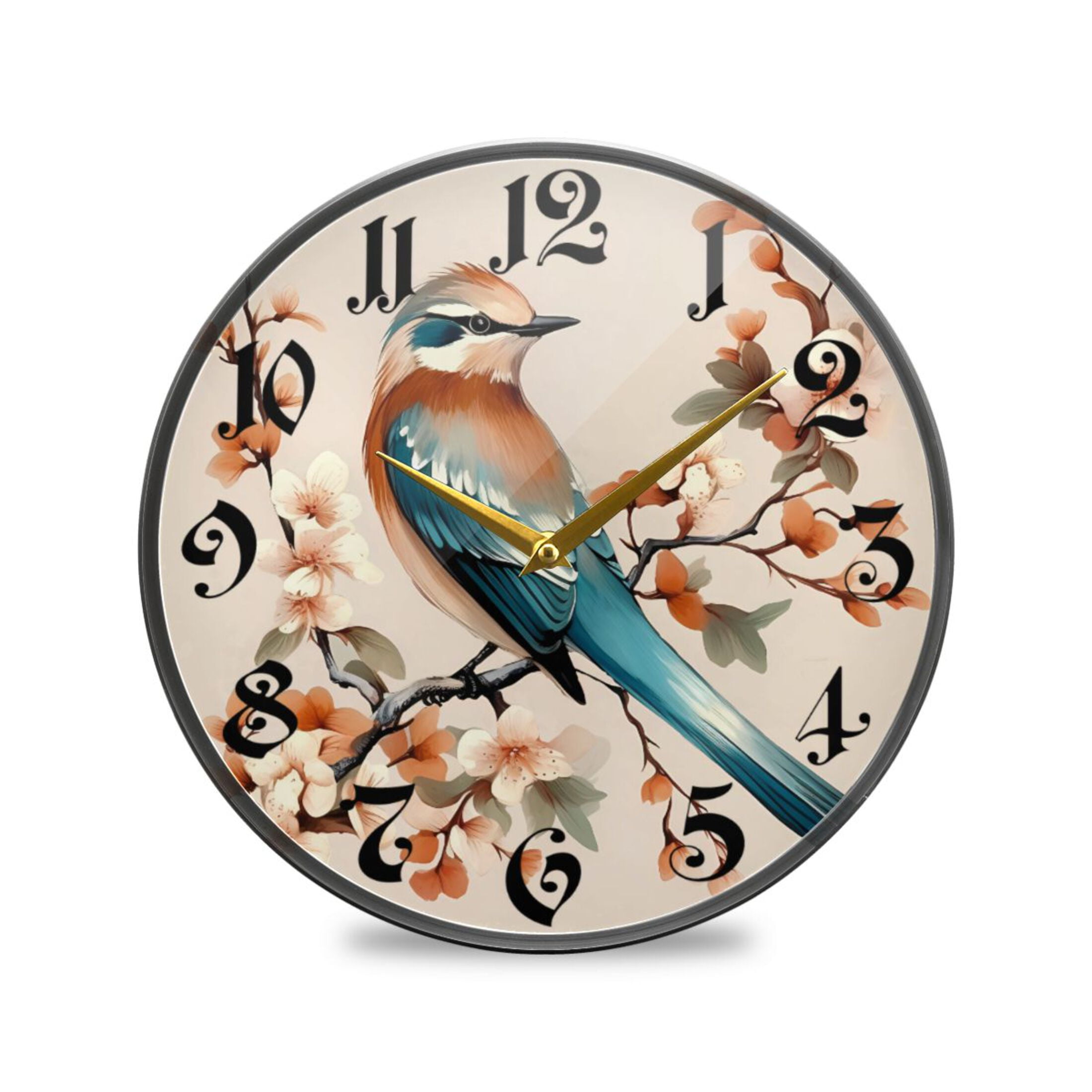 12" Round Silent Wall Clocks Birds on Flower Branches Acrylic Battery ...