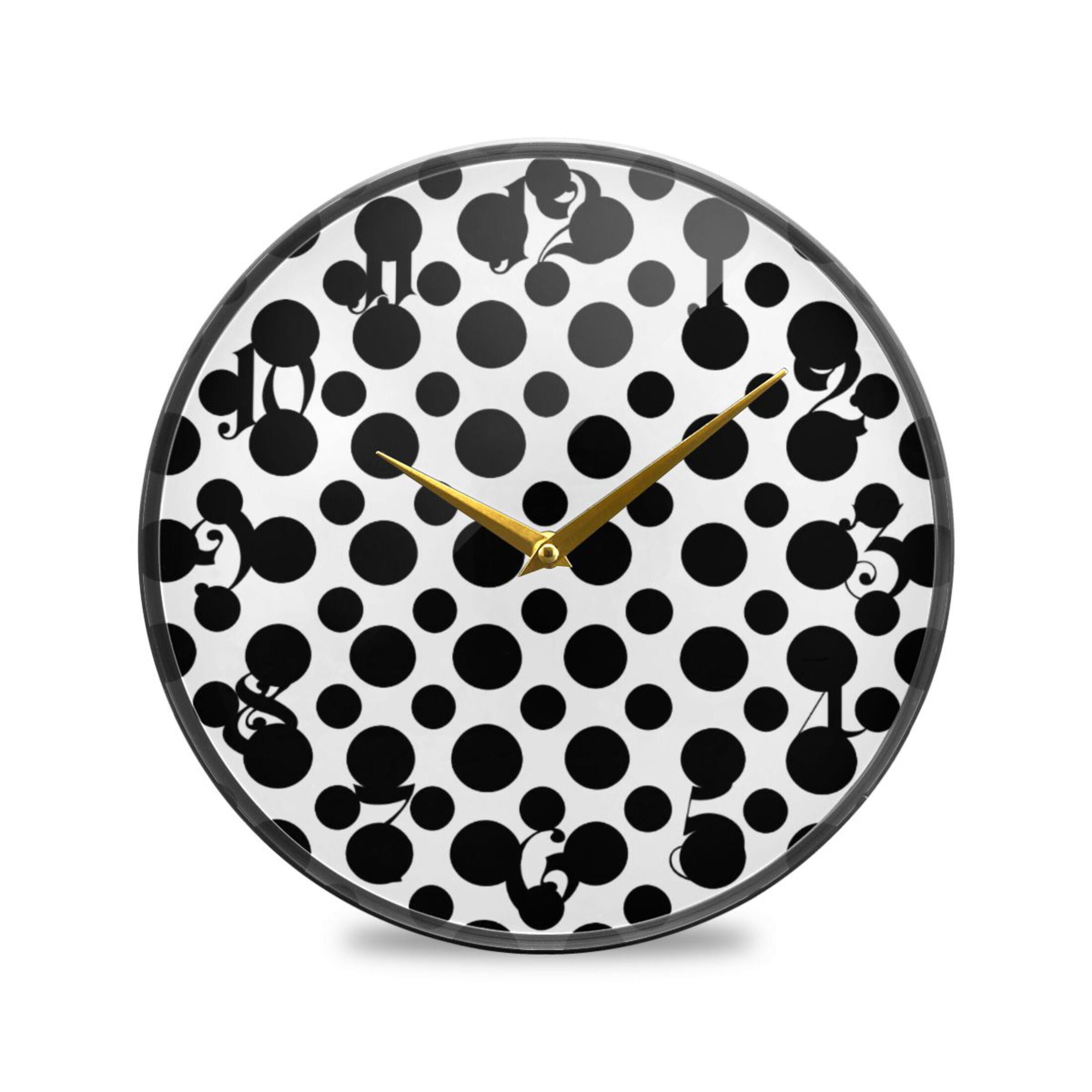 12" Round Silent Wall Clocks Black Polka Dots on White Acrylic Battery ...