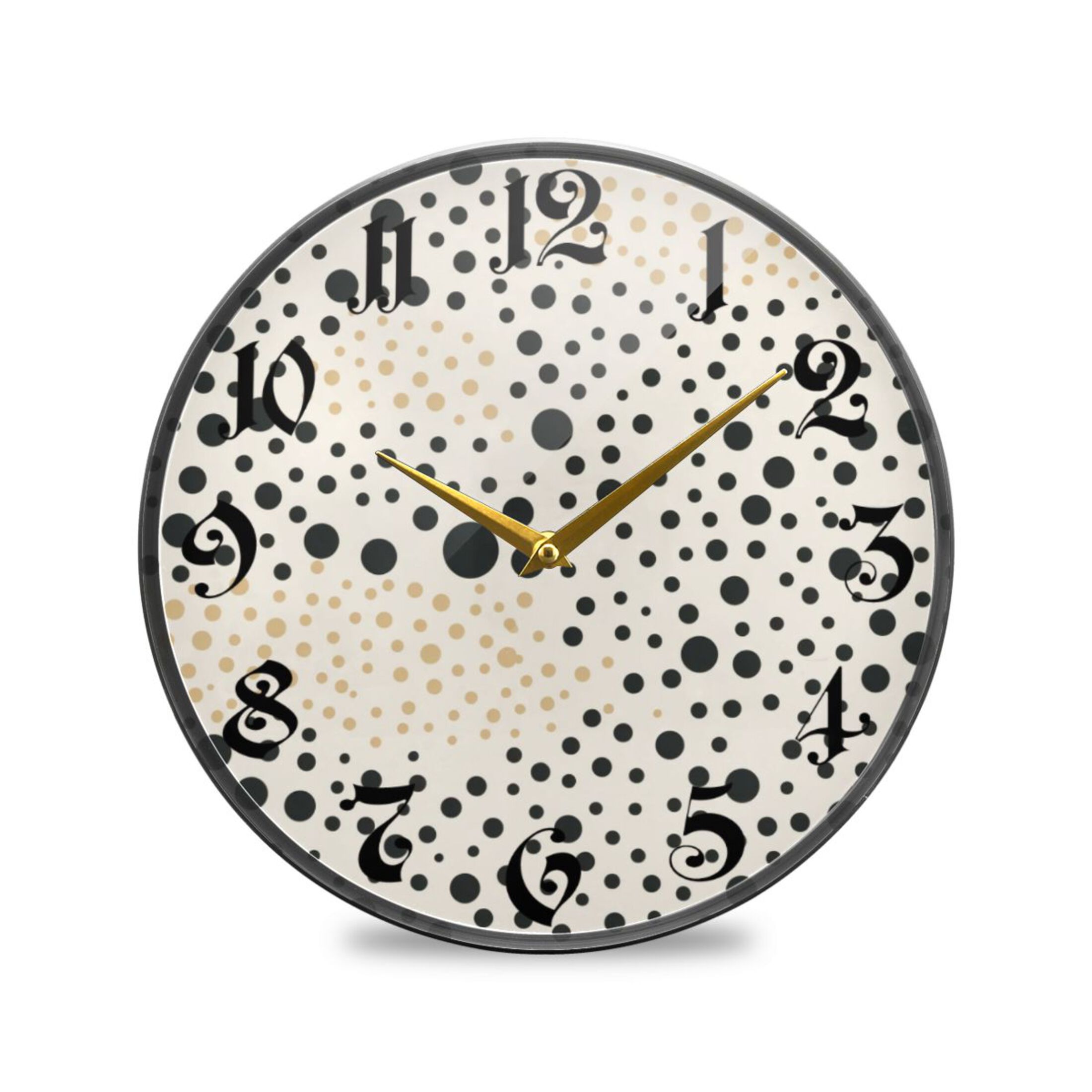 12" Round Silent Wall Clocks Black and Beige Polka Dots Acrylic Battery ...