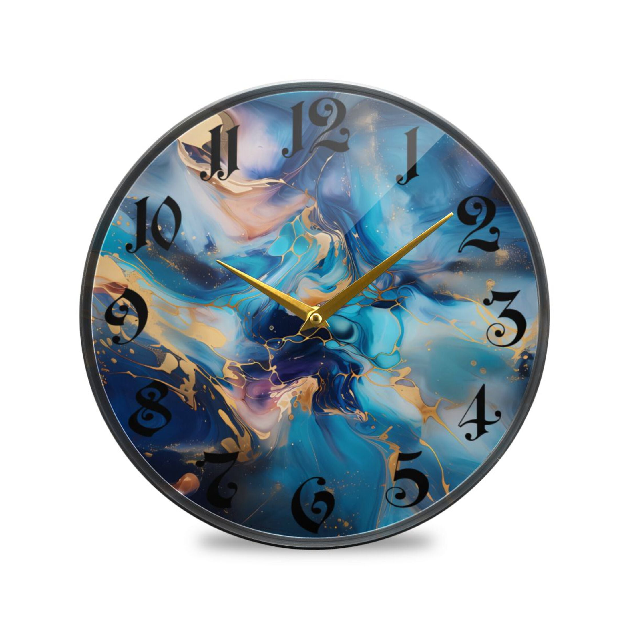 12" Round Silent Wall Clocks Blue Marble with Golden Acrylic Battery ...