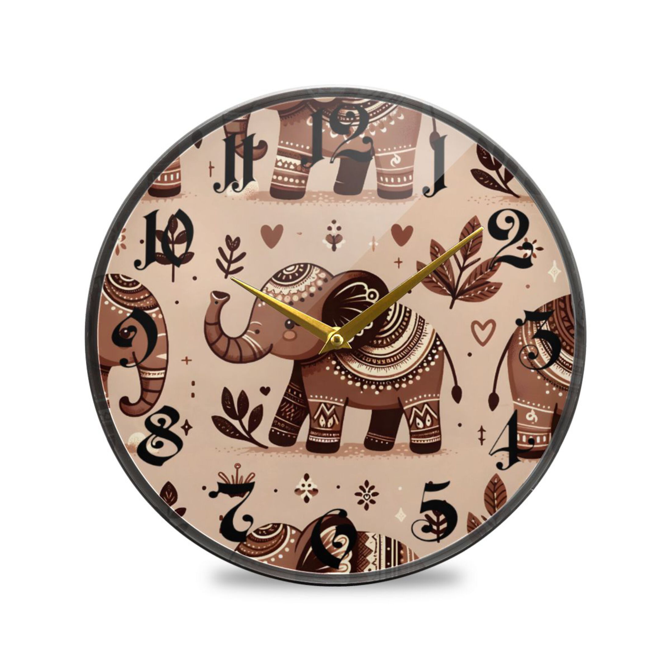 12" Round Silent Wall Clocks Brown Boho Elephants Acrylic Battery Operated Clock Non-Ticking ...