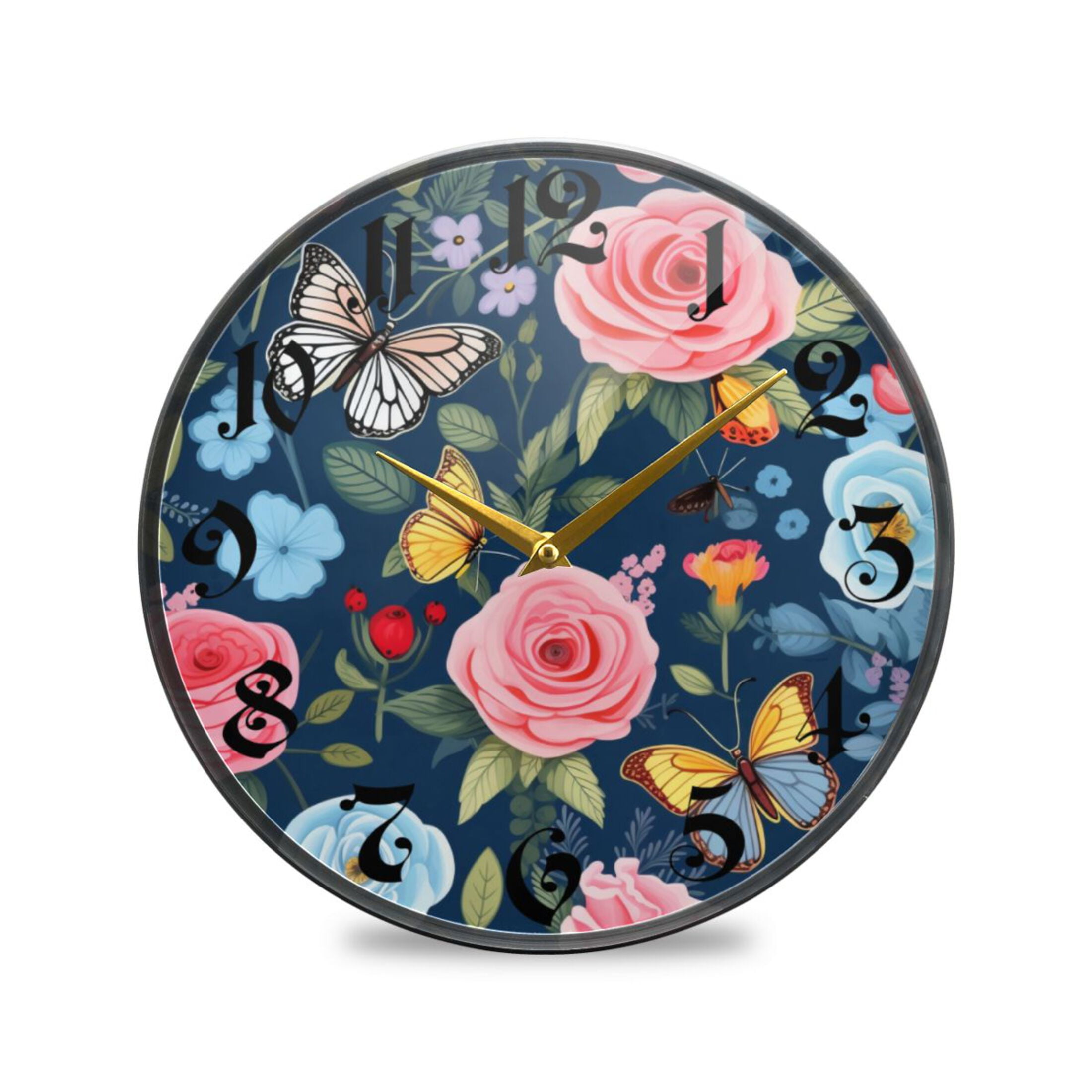 12" Round Silent Wall Clocks Butterflies Roses Floral Acrylic Battery ...