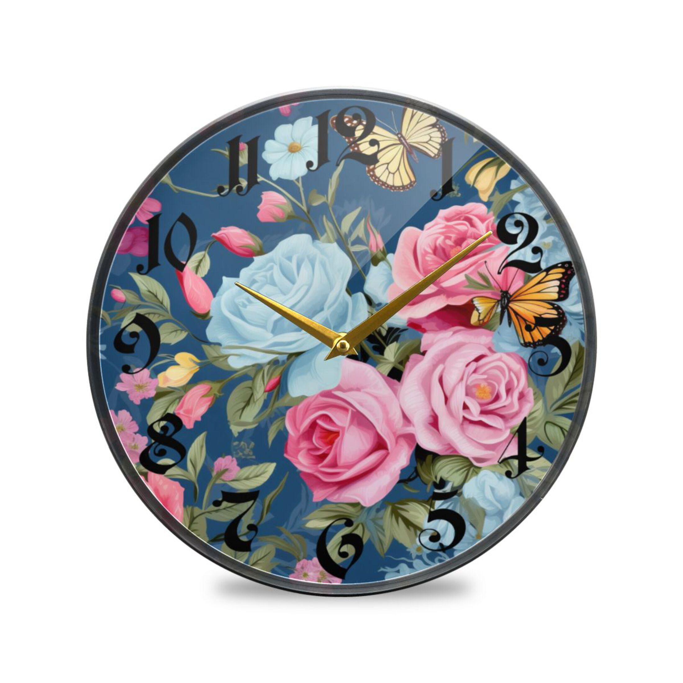 12" Round Silent Wall Clocks Butterflies on Roses Floral Acrylic ...