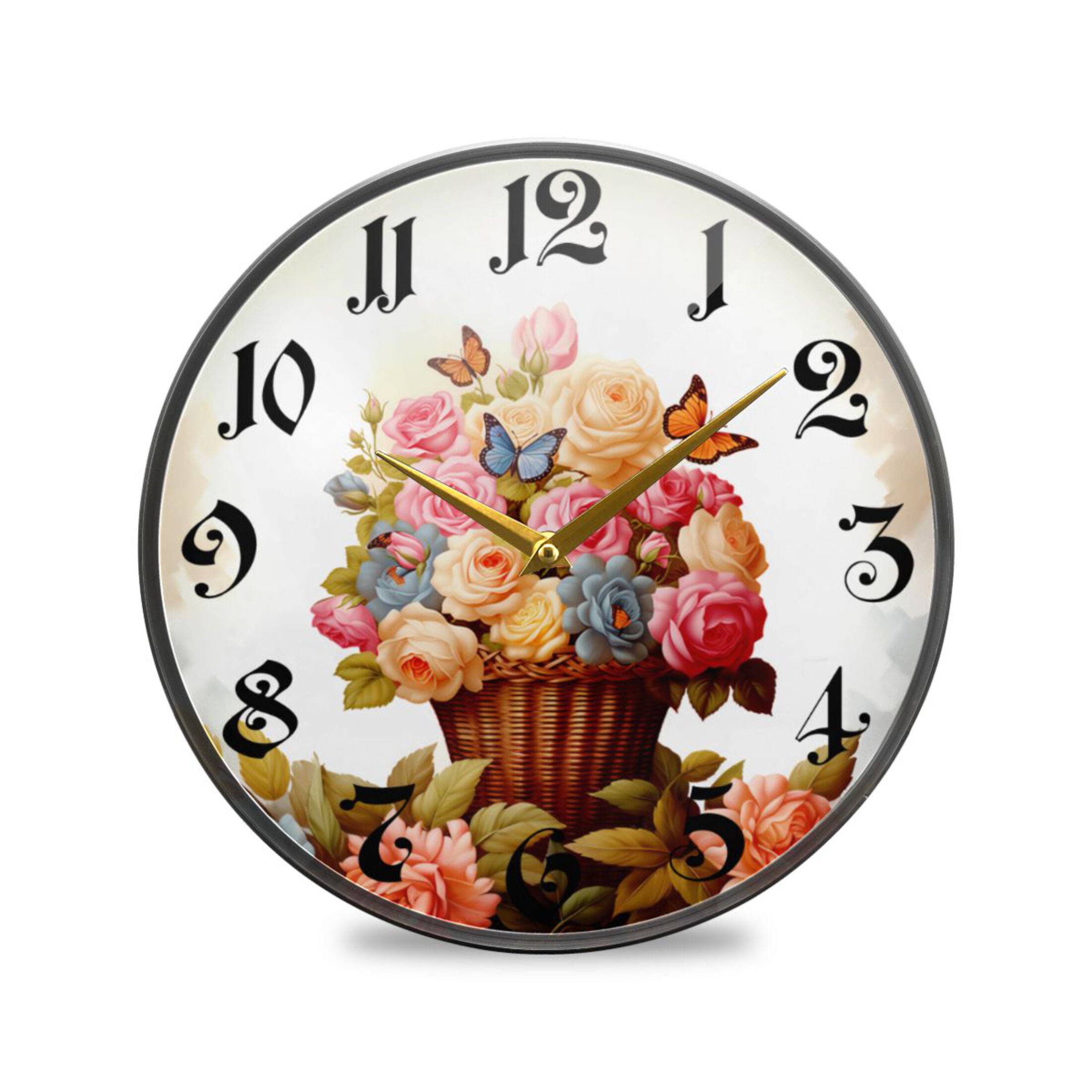 12" Round Silent Wall Clocks Butterfly on Multi Rose Flowers Acrylic ...