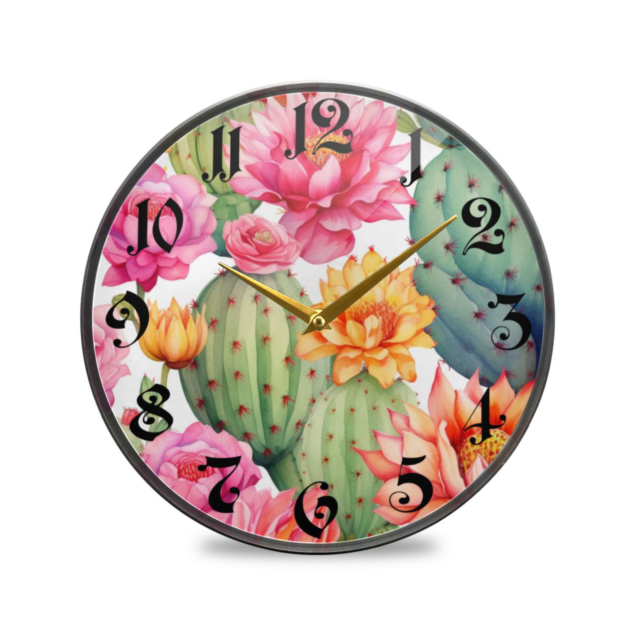 12" Round Silent Wall Clocks Cactus and Flowers Acrylic Battery ...
