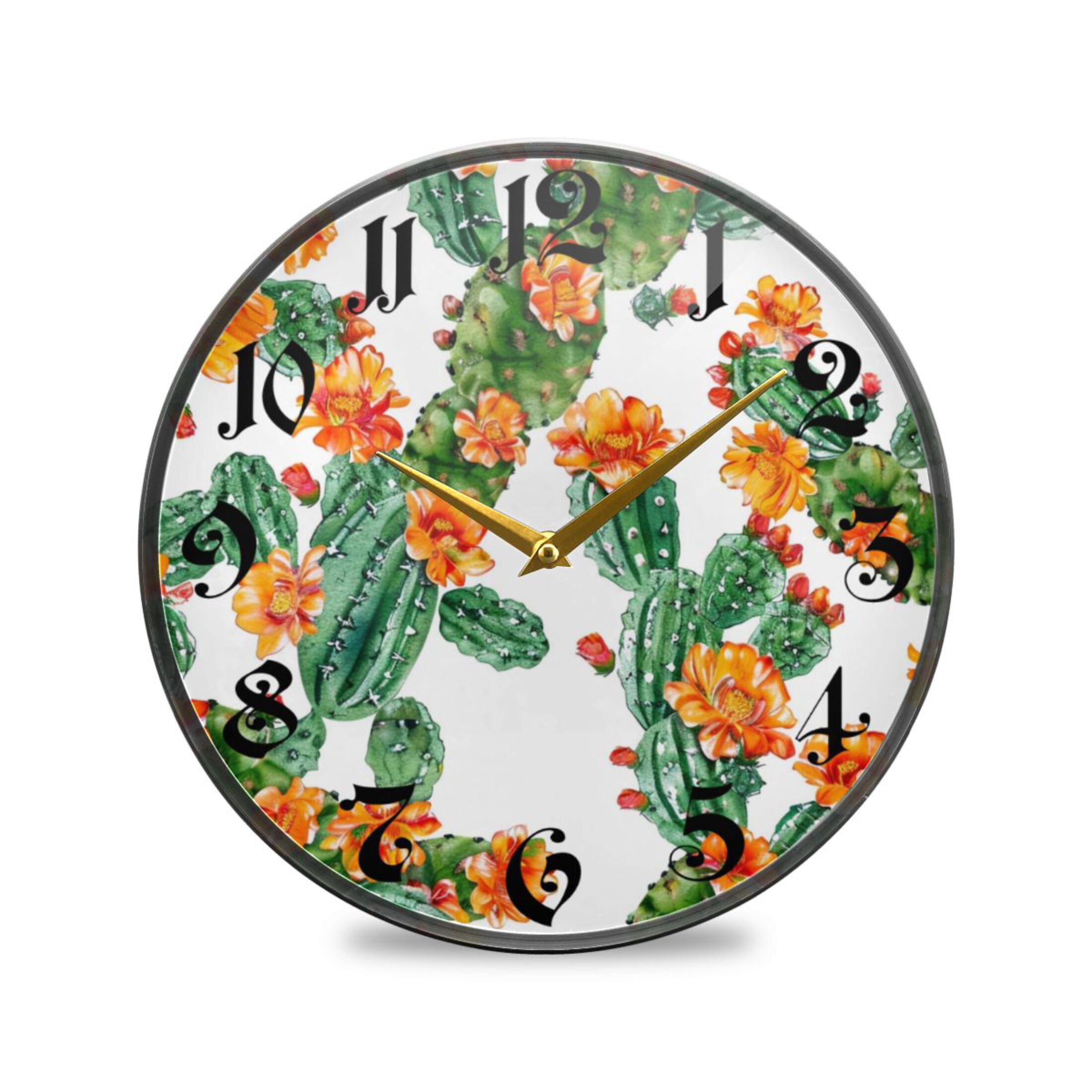 12" Round Silent Wall Clocks Cactus with Flower Acrylic Battery ...