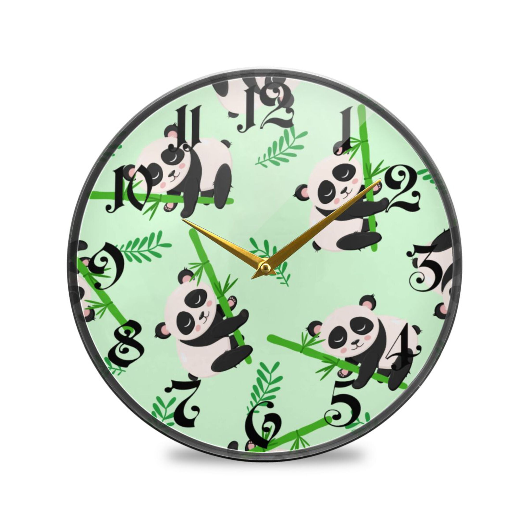 12" Round Silent Wall Clocks Cartoon Panda and Bamboos Acrylic Battery ...