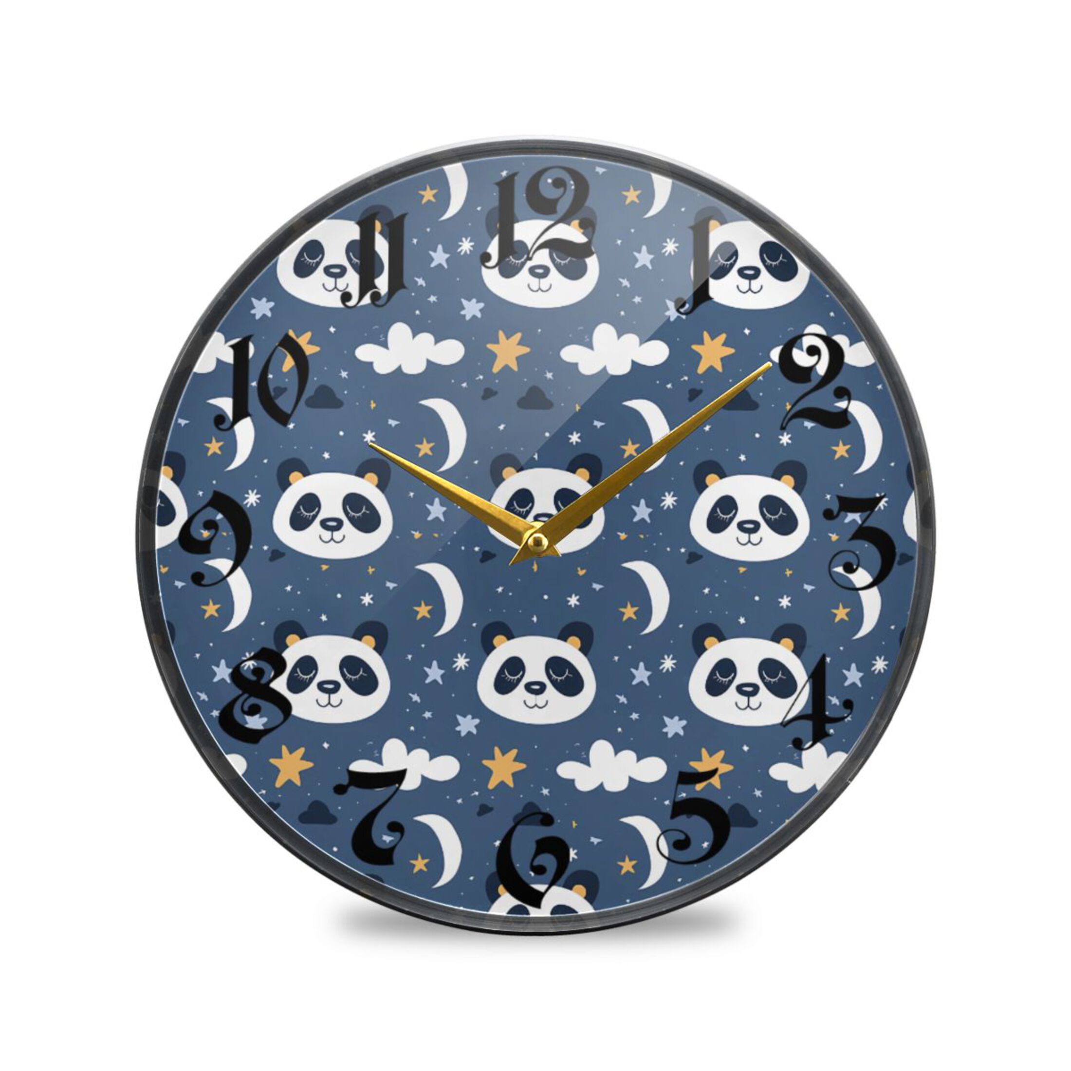 12" Round Silent Wall Clocks Cartoon Pandas and Clouds Acrylic Battery ...