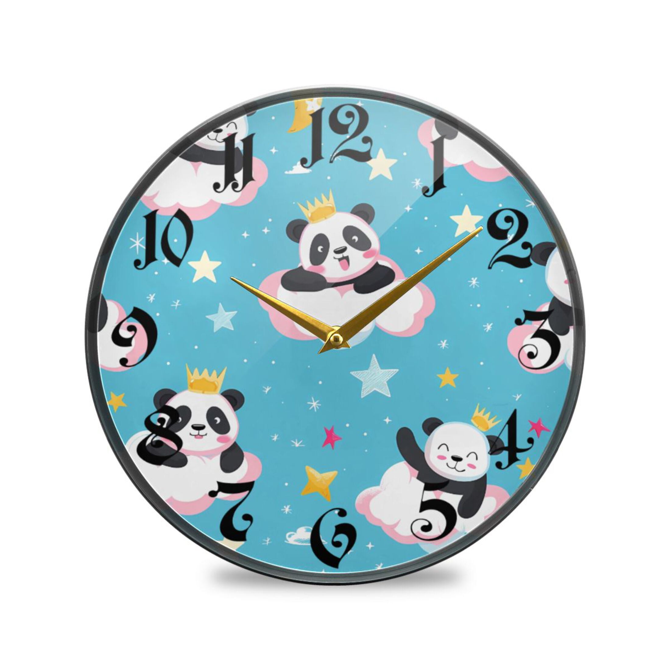 12" Round Silent Wall Clocks Cartoon Pandas and Stars Acrylic Battery ...