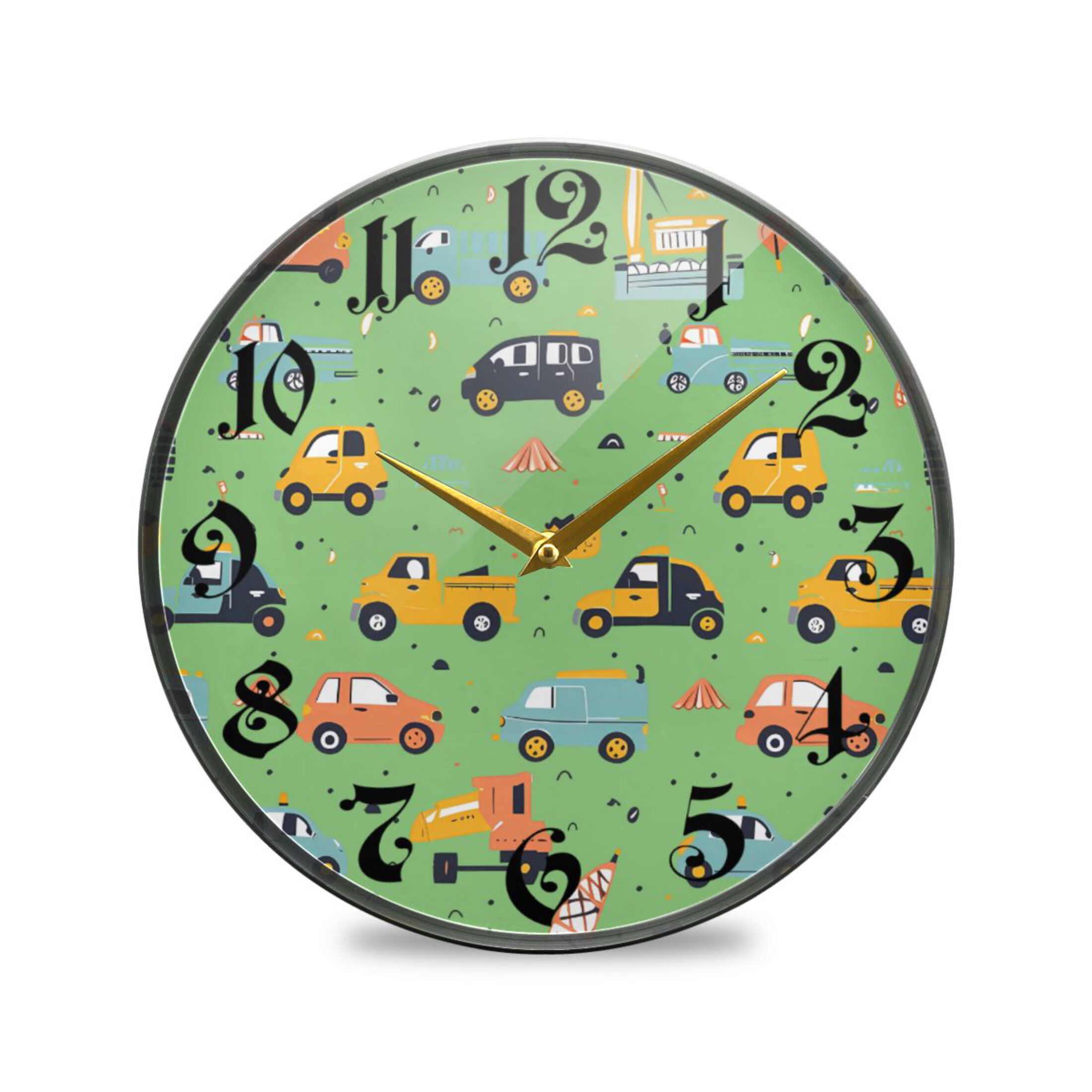 12" Round Silent Wall Clocks Cartoon Trucks Cars on Green Acrylic ...