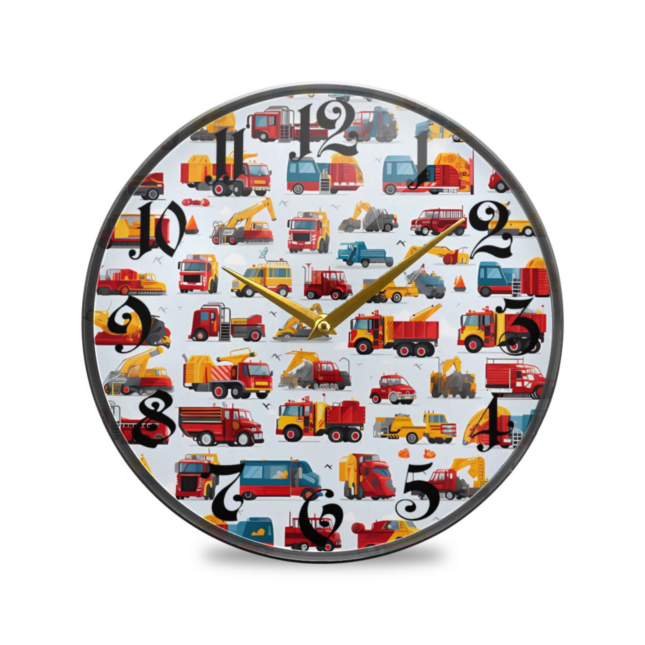 12" Round Silent Wall Clocks Cartoon Trucks Excavators Acrylic Battery ...