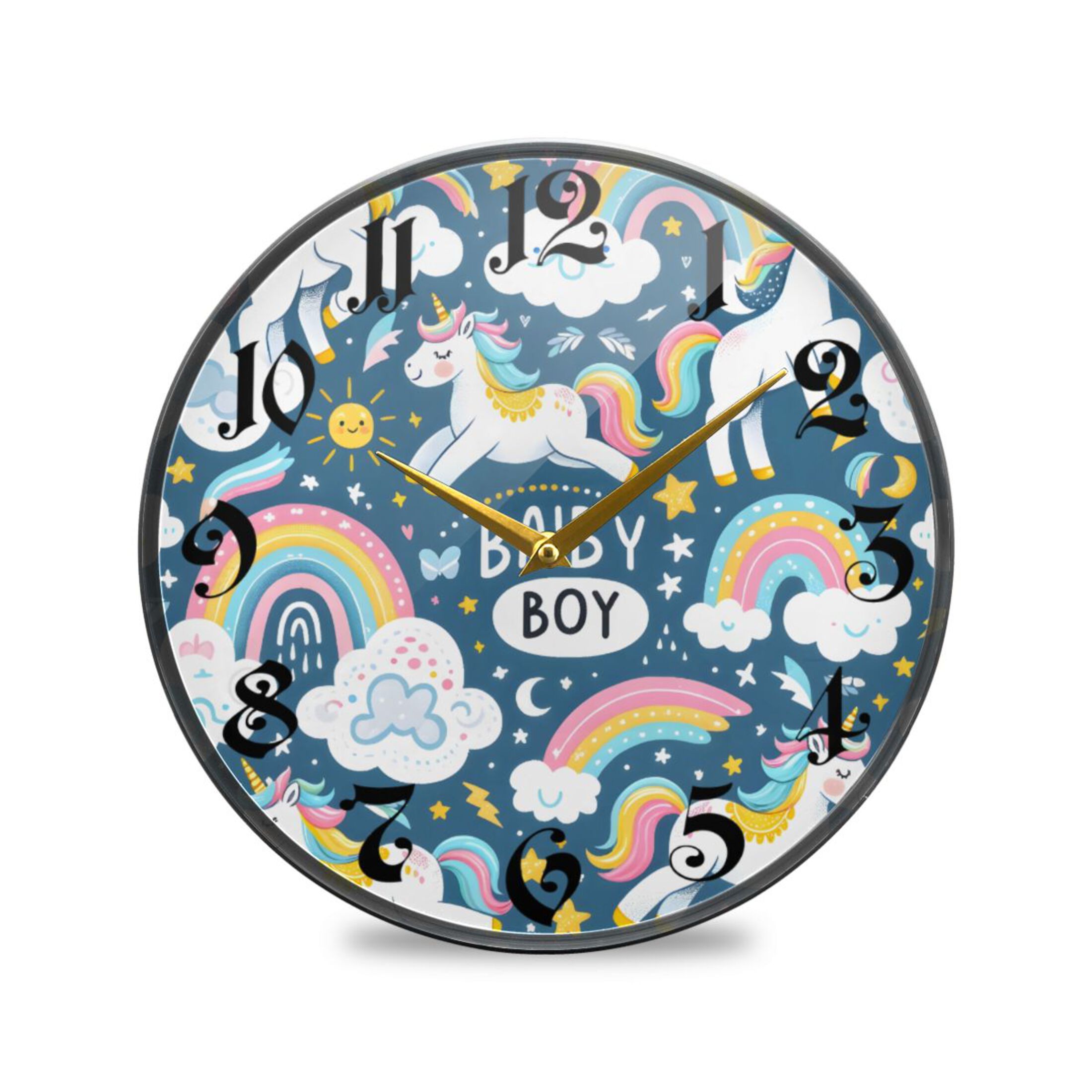 12" Round Silent Wall Clocks Cartoon Unicorns Rainbows and Clouds ...
