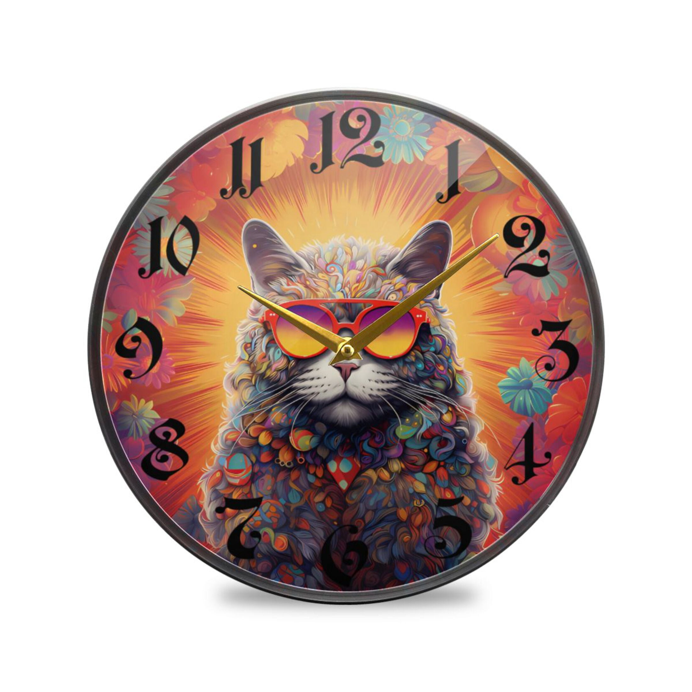 12" Round Silent Wall Clocks Cat and Flowers Acrylic Battery Operated ...