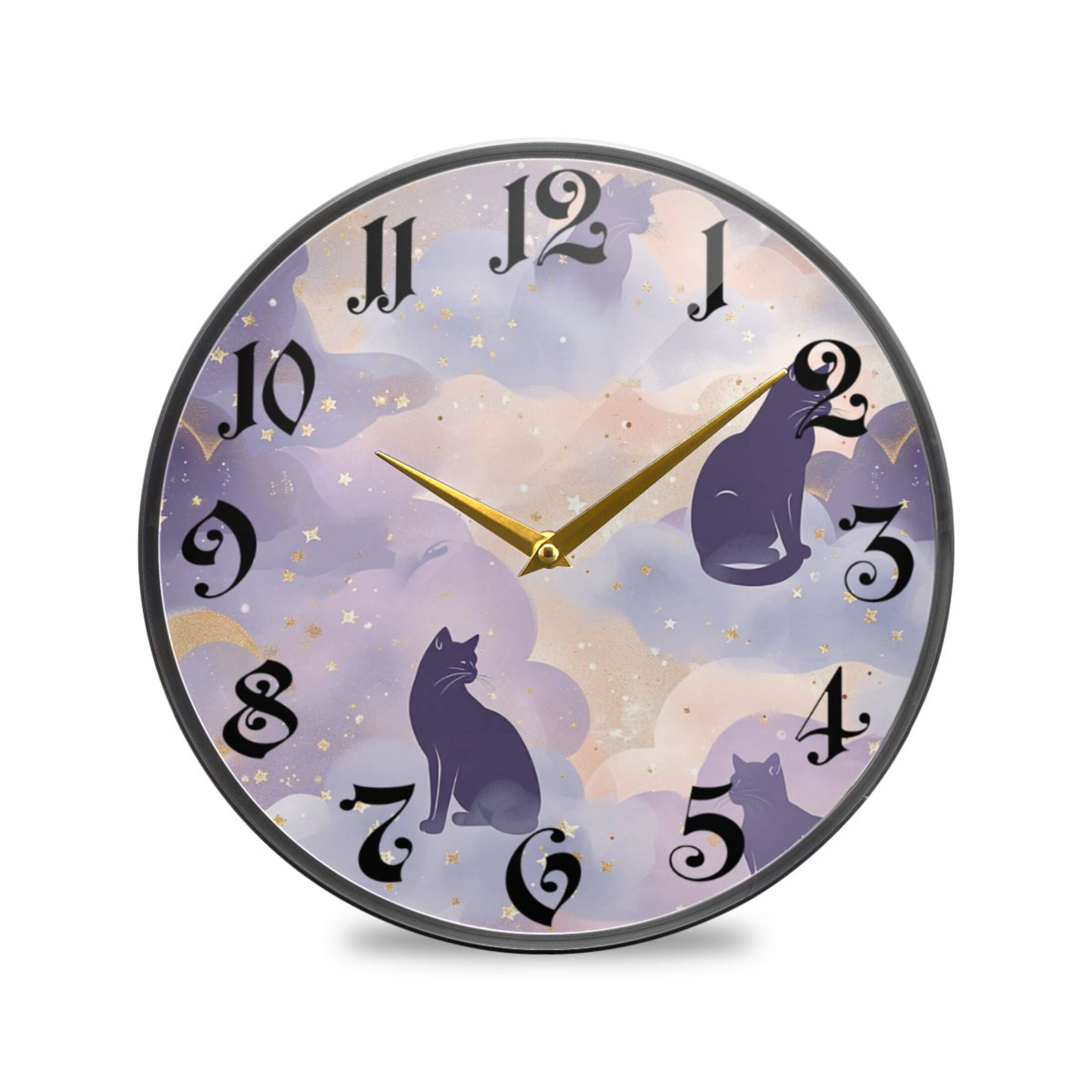 12" Round Silent Wall Clocks Cat in Moon Acrylic Battery Operated Clock ...