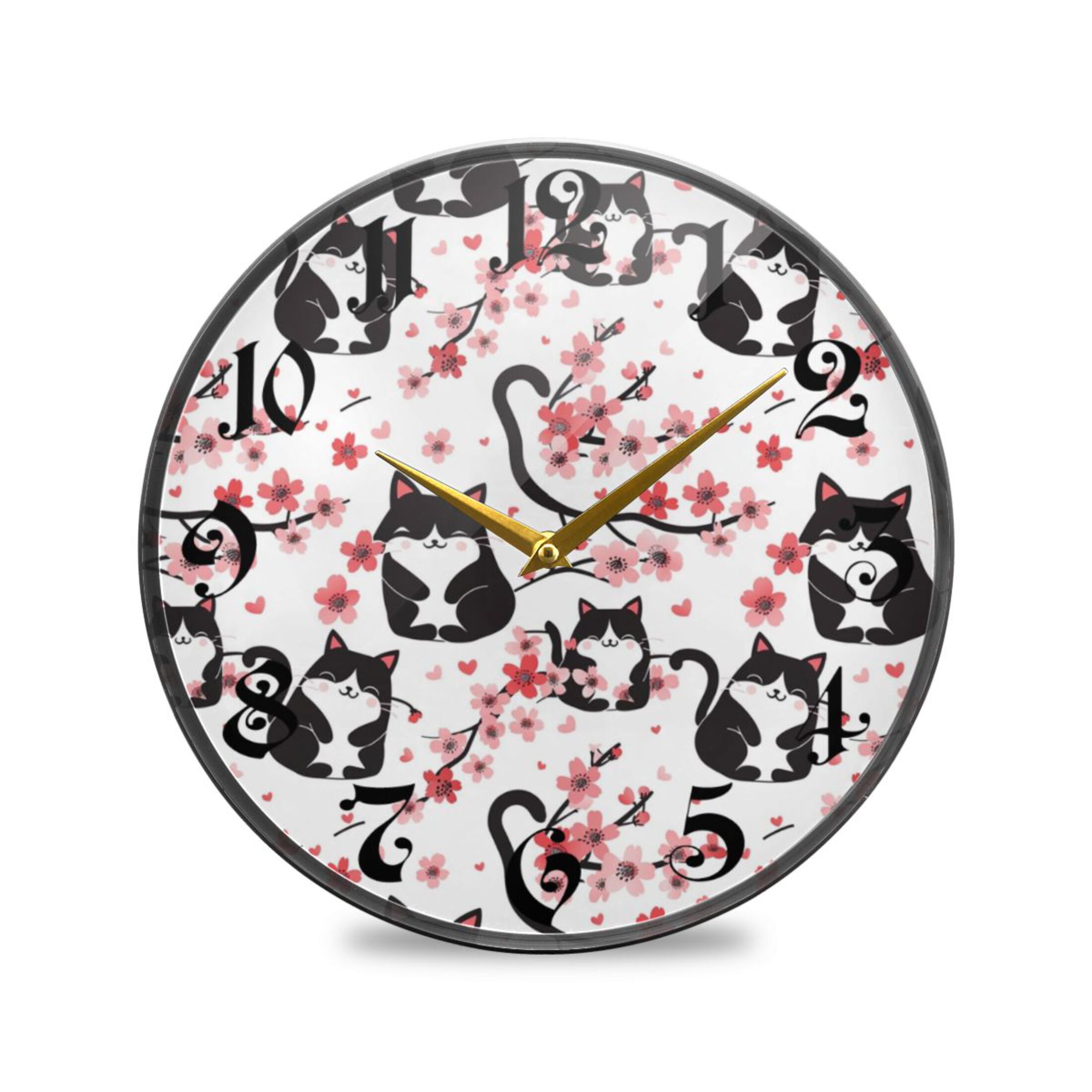 12" Round Silent Wall Clocks Cat on Cherry Branch Acrylic Battery ...