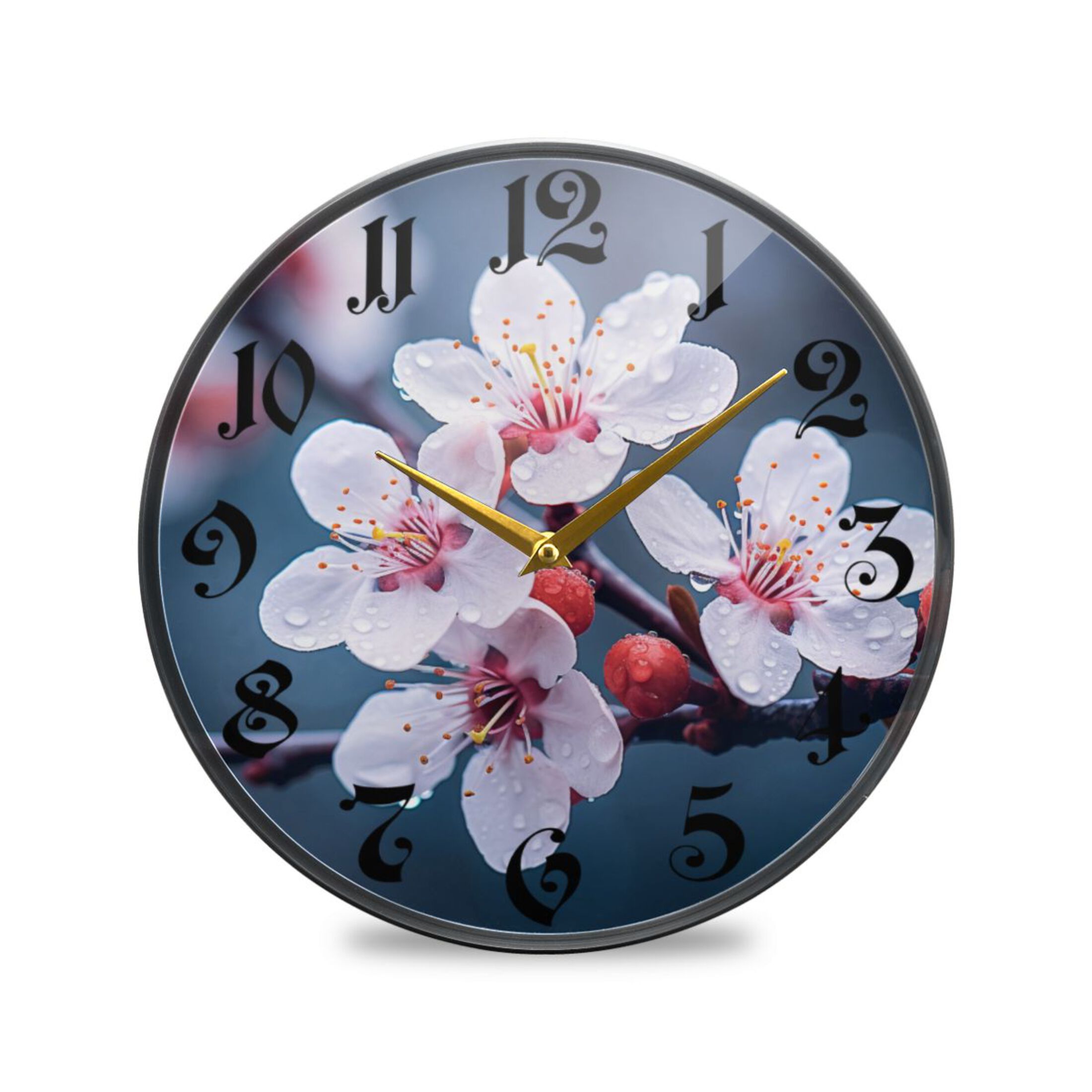 12" Round Silent Wall Clocks Cherry Flowers Branches Acrylic Battery ...
