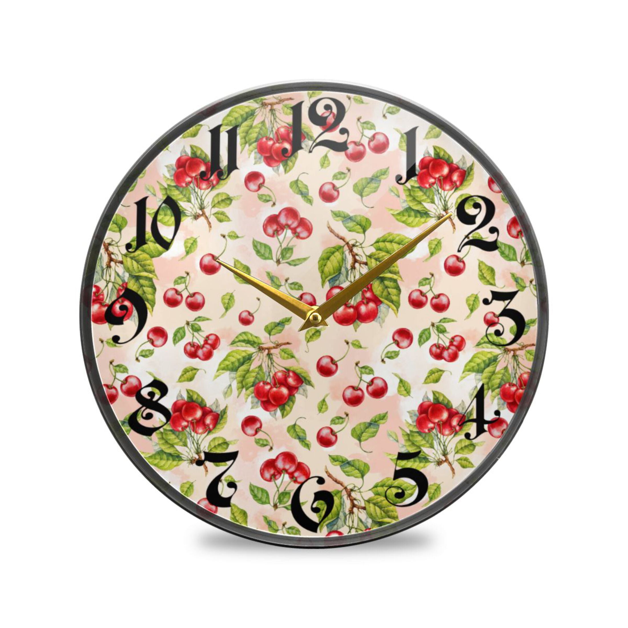 12" Round Silent Wall Clocks Cherry with Green Leaves Acrylic Battery ...