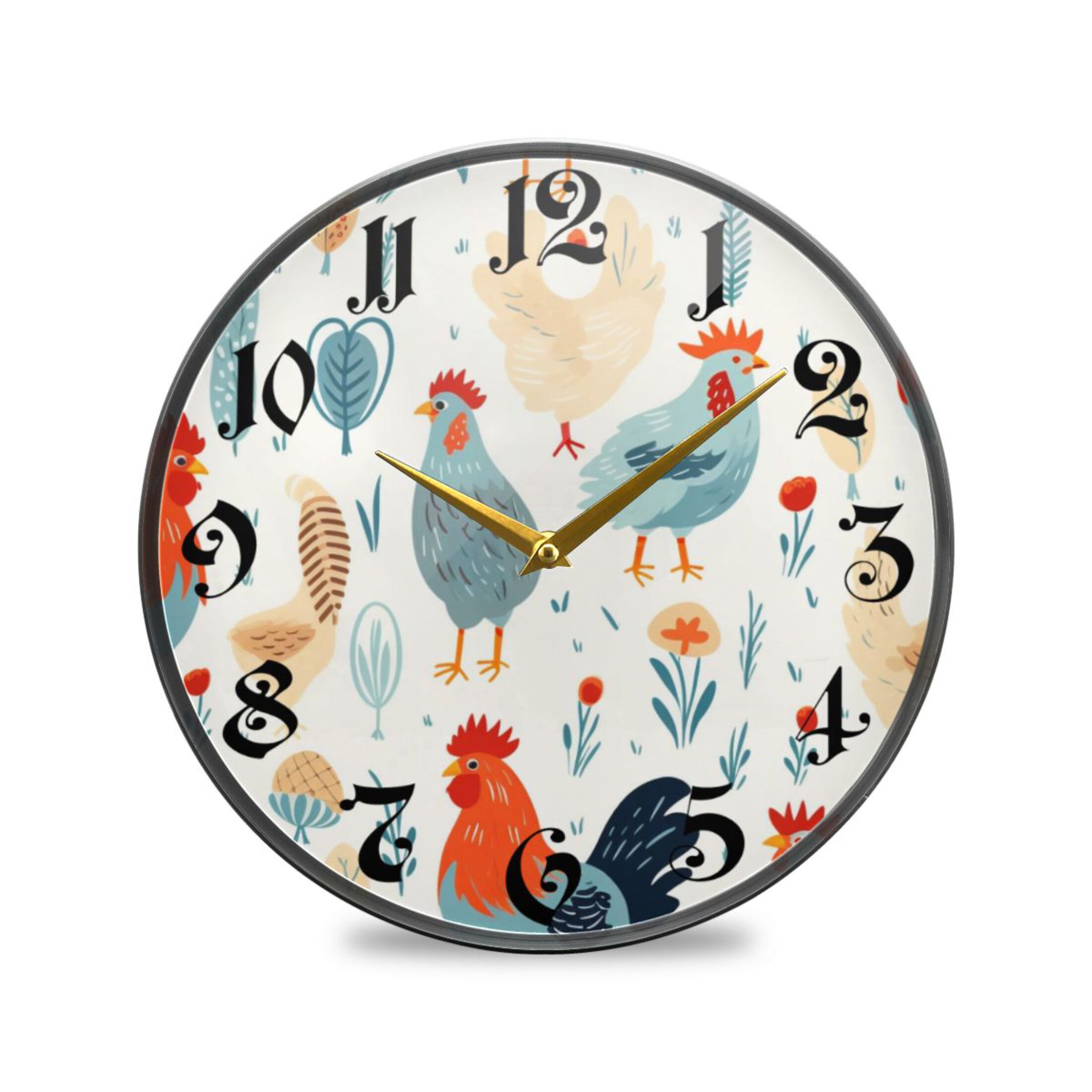 12" Round Silent Wall Clocks Chicken Flowers Acrylic Battery Operated ...