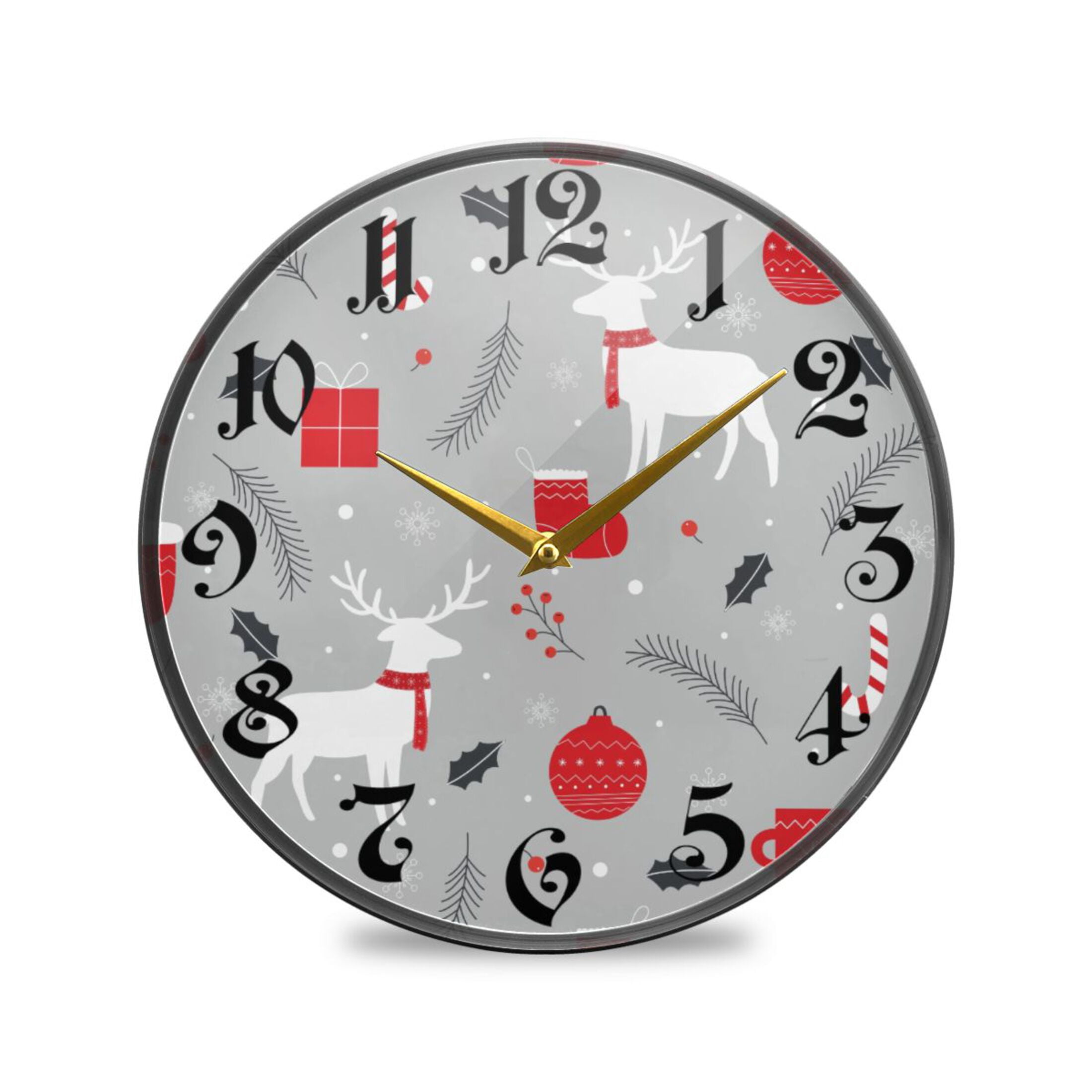 12" Round Silent Wall Clocks Christmas Reindeers and Gifts Acrylic ...