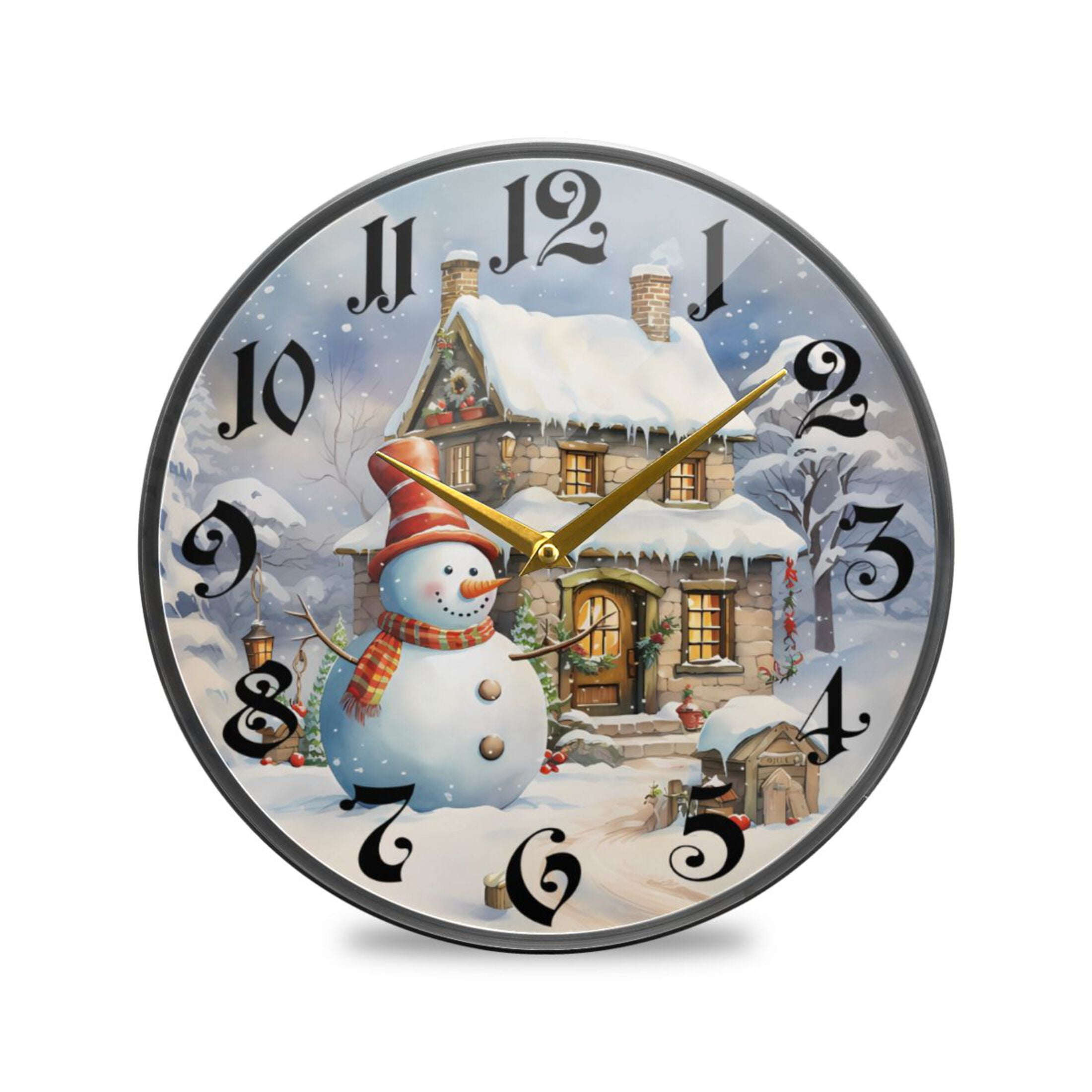 12" Round Silent Wall Clocks Christmas Snowman Acrylic Battery Operated ...