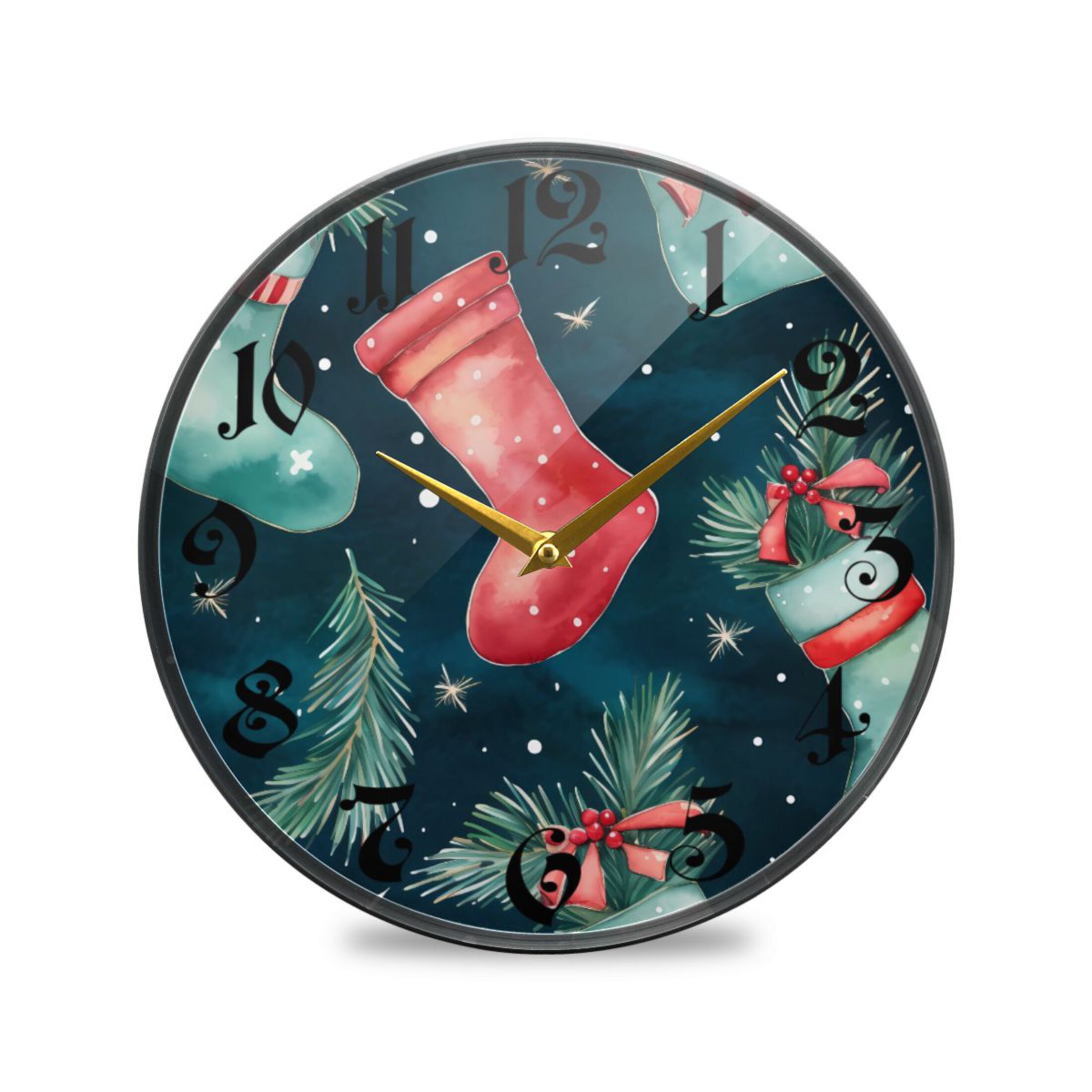12" Round Silent Wall Clocks Christmas Socks Leaves Acrylic Battery ...