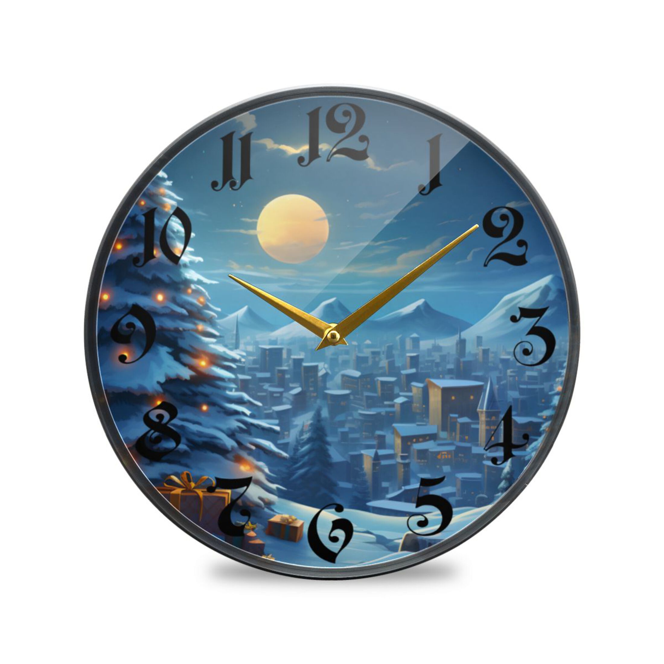 12" Round Silent Wall Clocks Christmas Trees Winter Night Acrylic ...