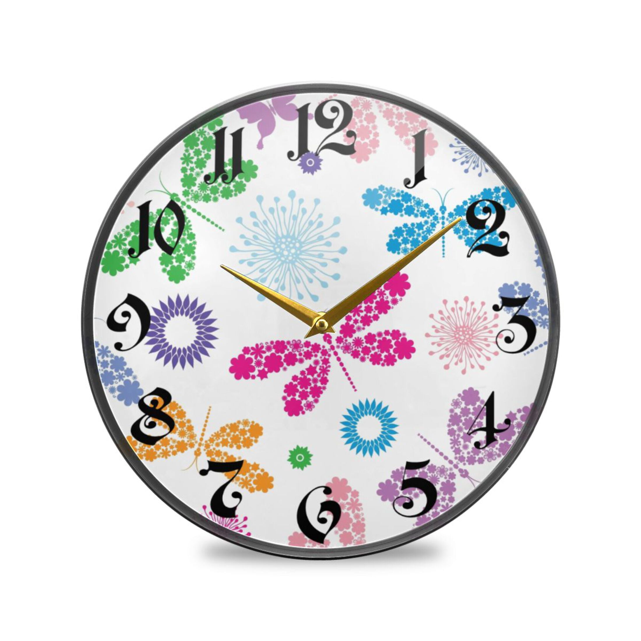 12" Round Silent Wall Clocks Colorful Dragonflies Flowers Acrylic ...