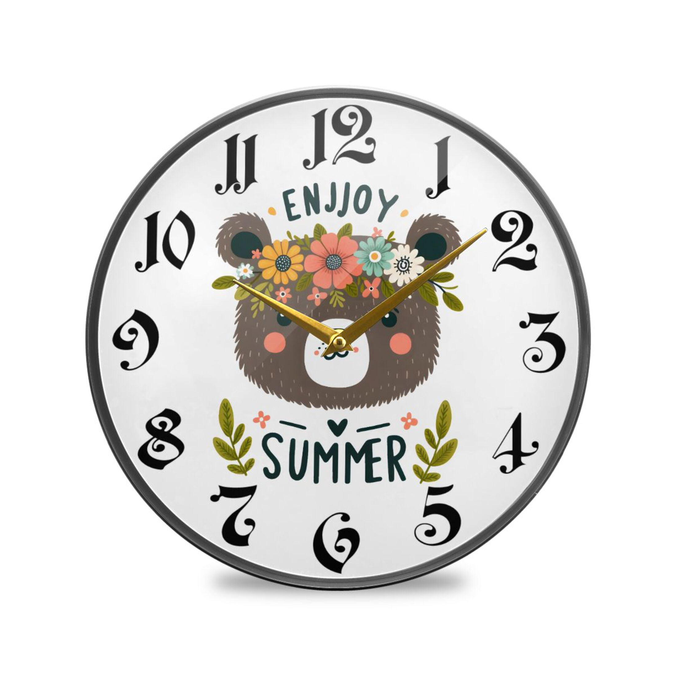 12" Round Silent Wall Clocks Cute Bear with Summer Acrylic Battery ...