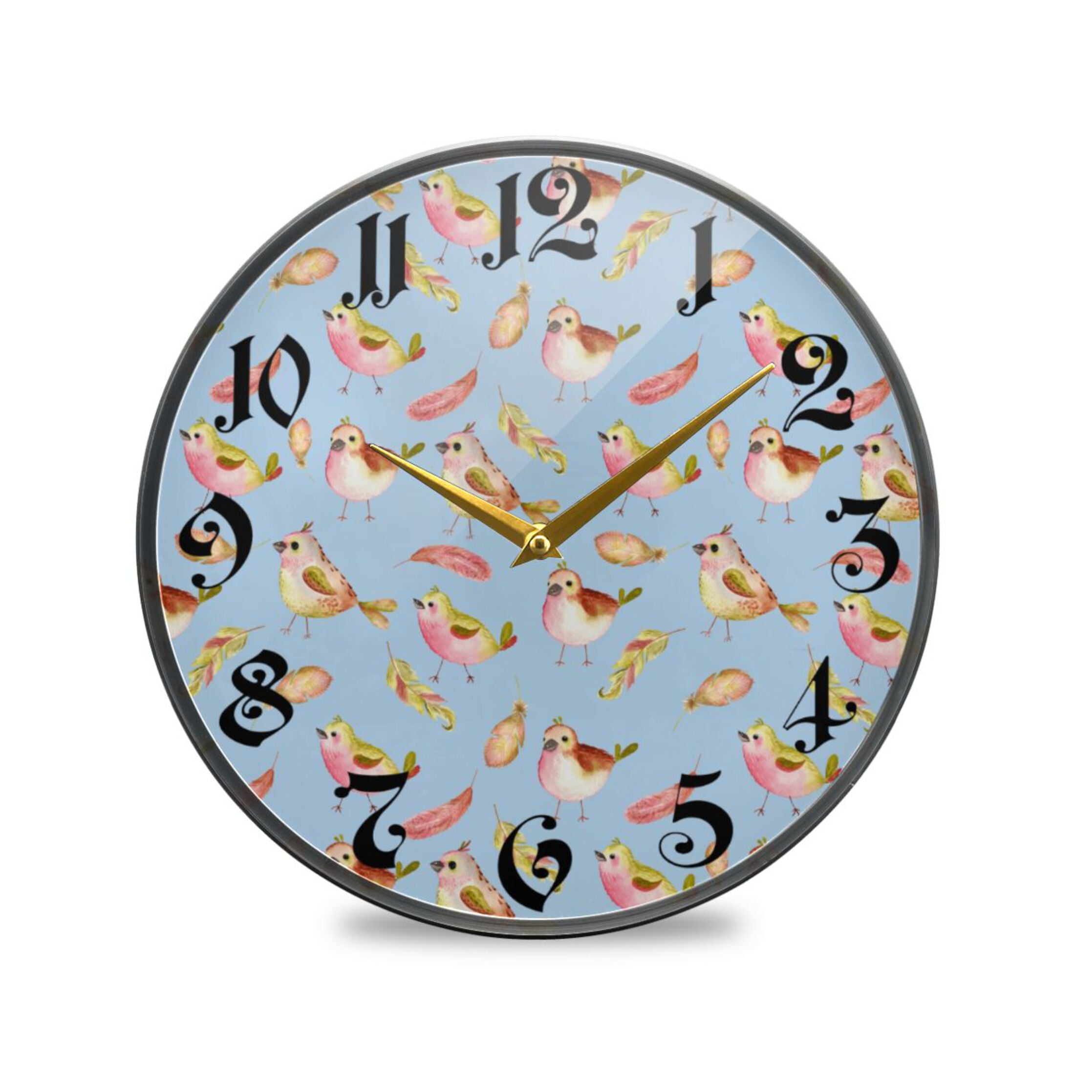 12" Round Silent Wall Clocks Cute Birds and Feathers Acrylic Battery Operated Clock Non-Ticking ...