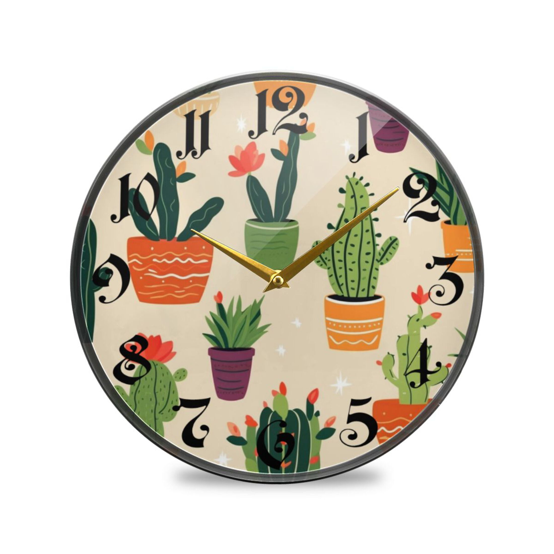 12" Round Silent Wall Clocks Cute Cactus Acrylic Battery Operated Clock ...