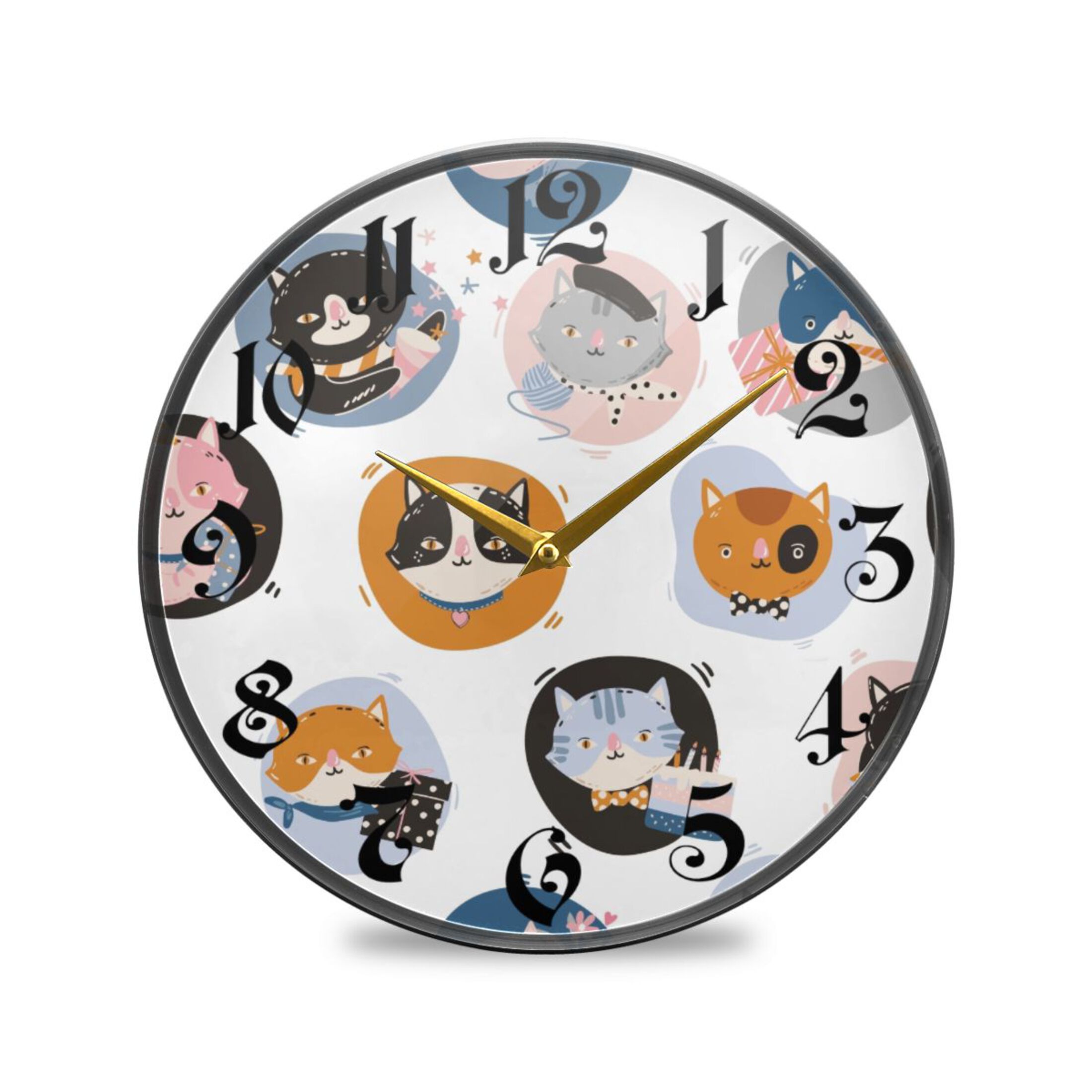12" Round Silent Wall Clocks Cute Cartoon Cats Acrylic Battery Operated ...