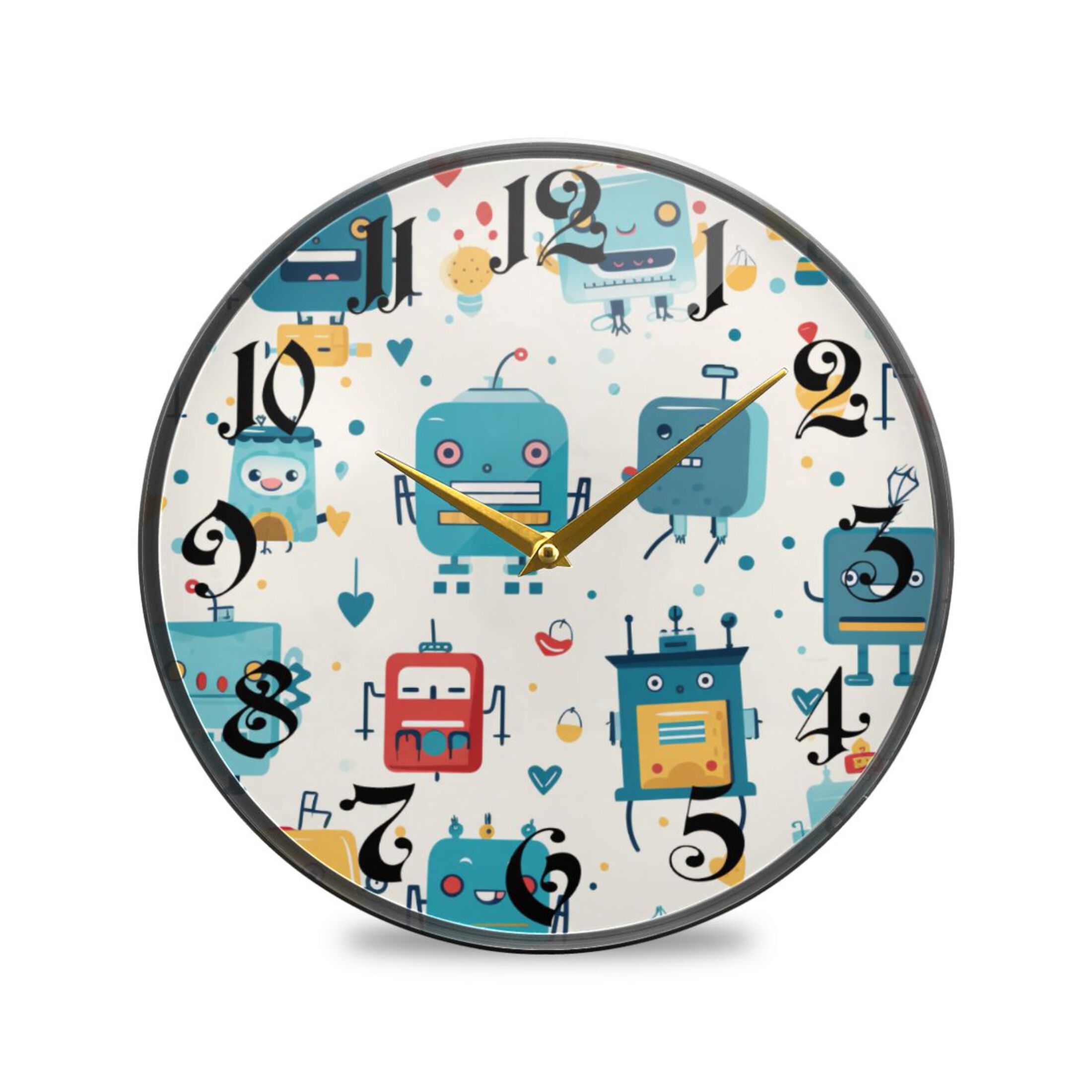 12" Round Silent Wall Clocks Cute Cartoon Robots Acrylic Battery ...