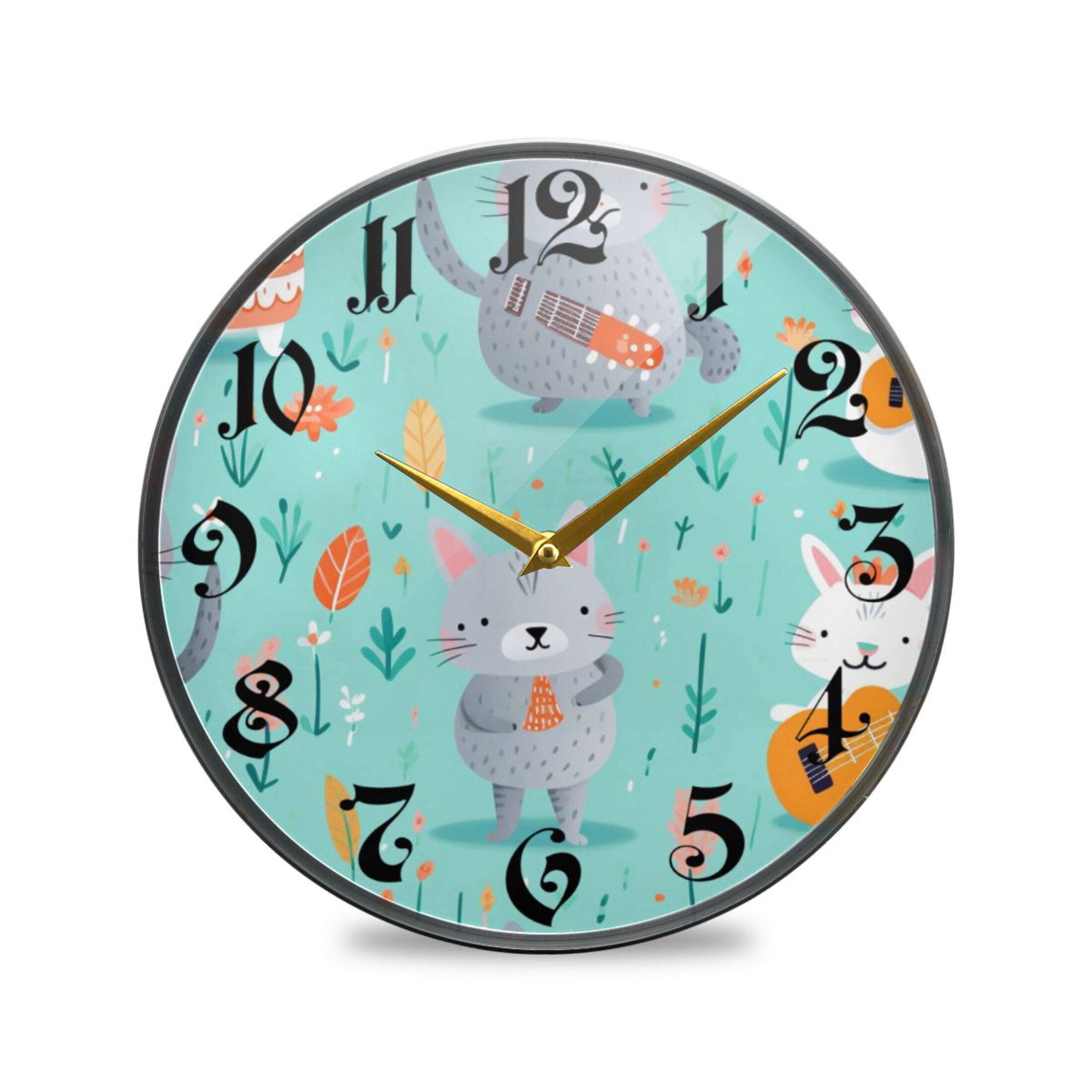 12" Round Silent Wall Clocks Cute Cat with Guitar Acrylic Battery ...