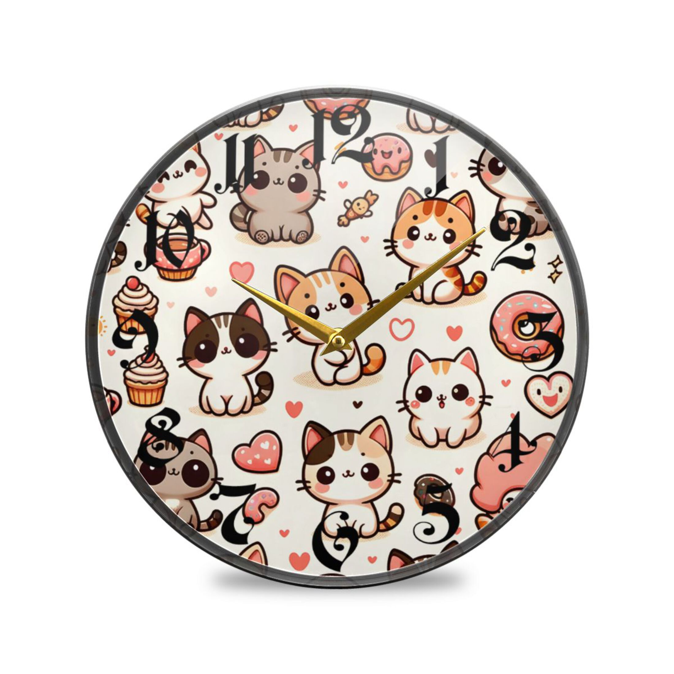 12" Round Silent Wall Clocks Cute Cats Acrylic Battery Operated Clock ...