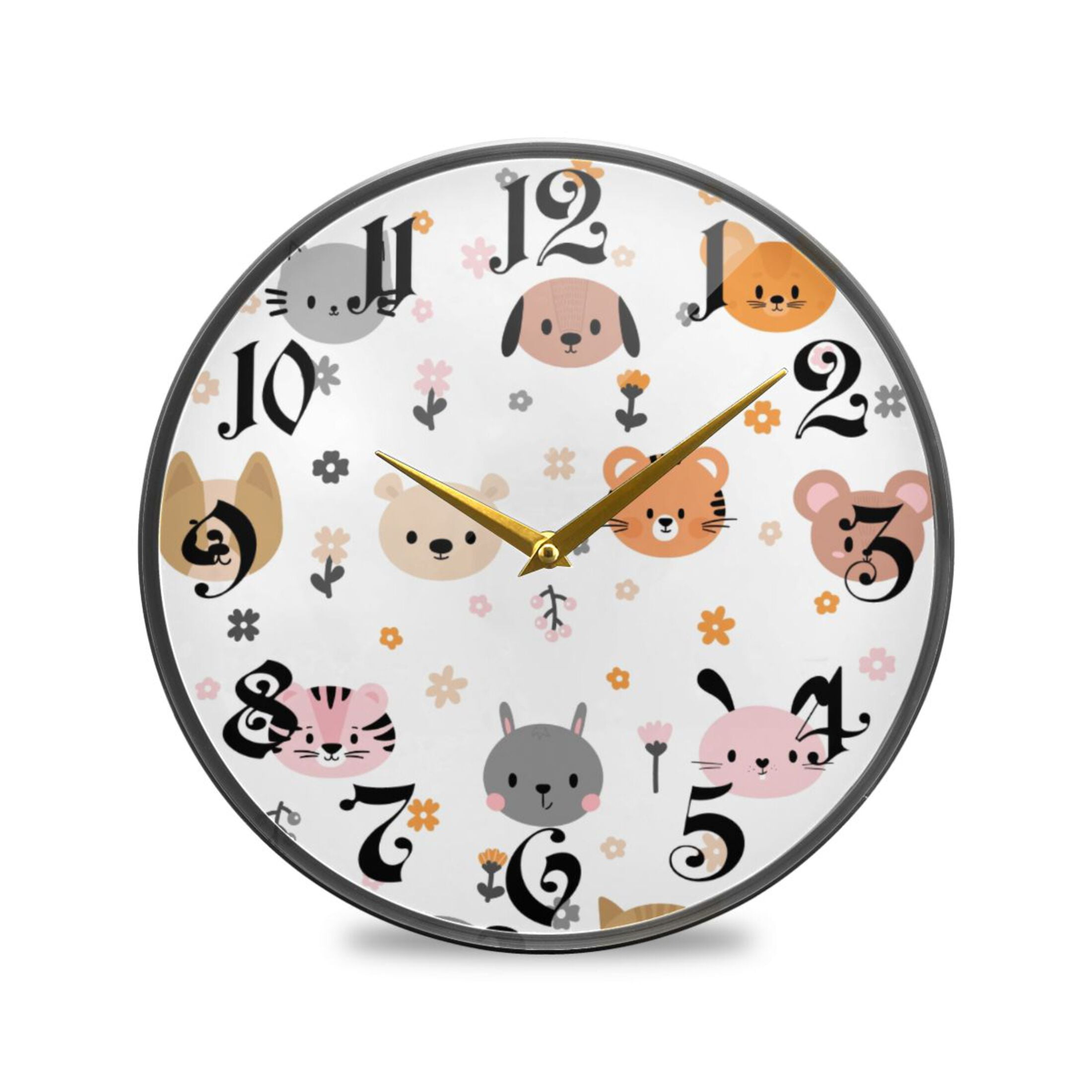 12" Round Silent Wall Clocks Cute Cats and Dogs Floral Acrylic Battery ...