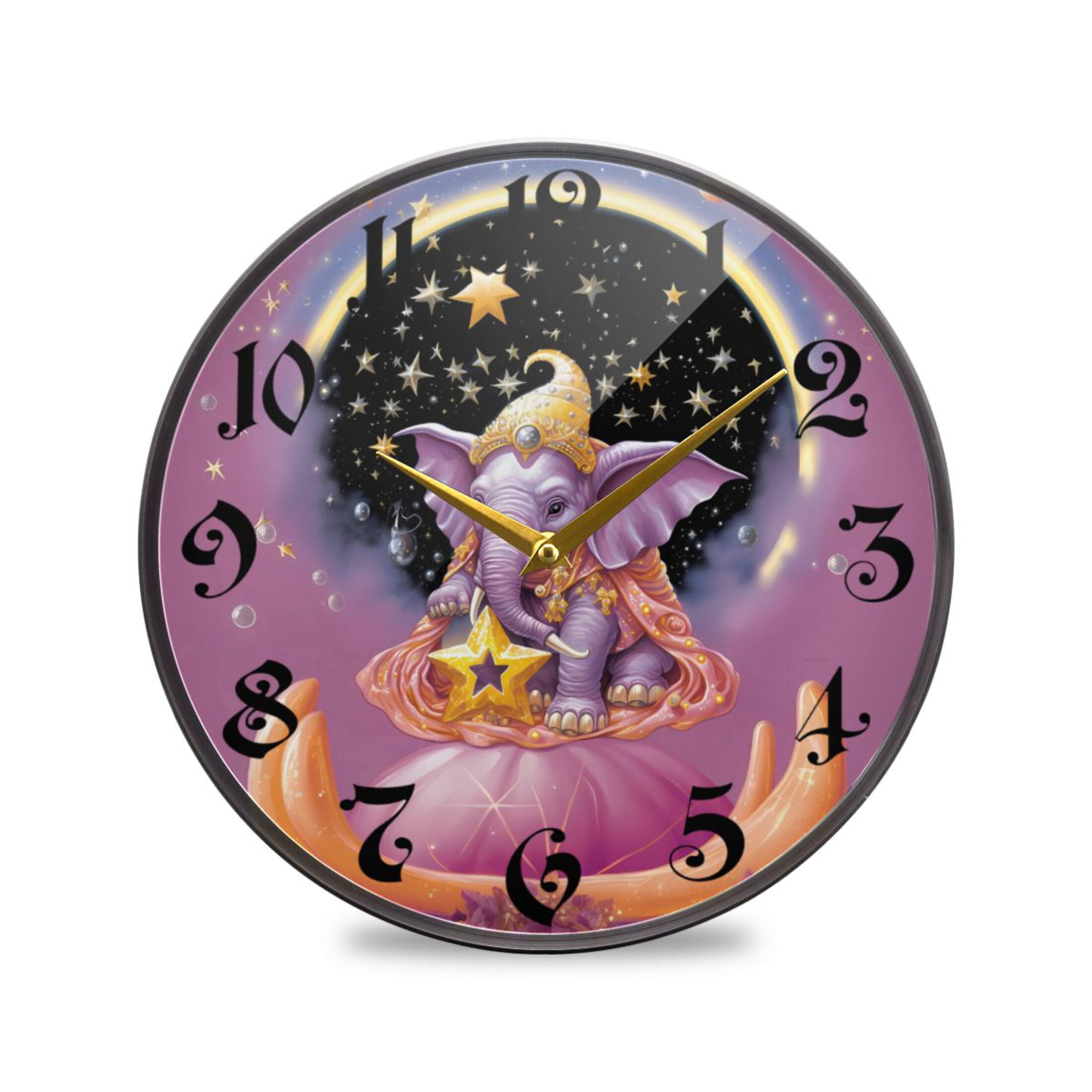 12" Round Silent Wall Clocks Cute Elephant with Stars Acrylic Battery Operated Clock Non-Ticking ...