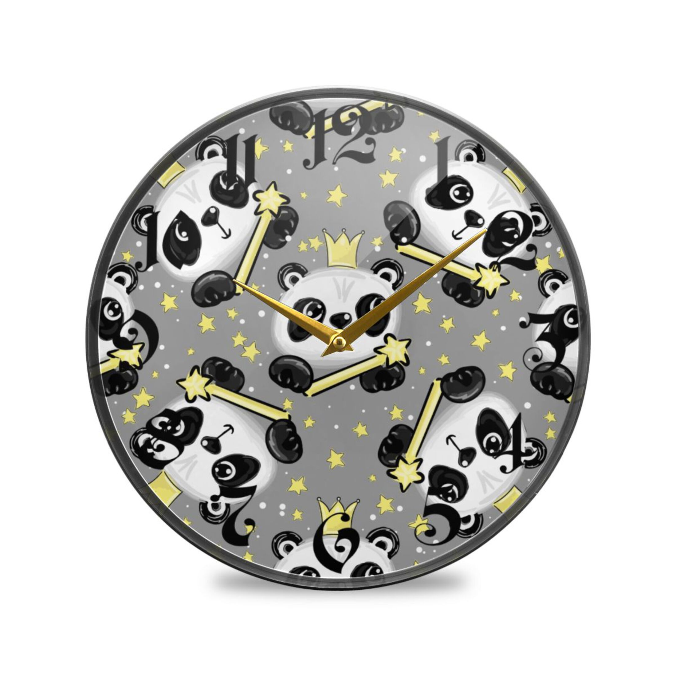 12" Round Silent Wall Clocks Cute Panda with Crown and Stars Acrylic ...