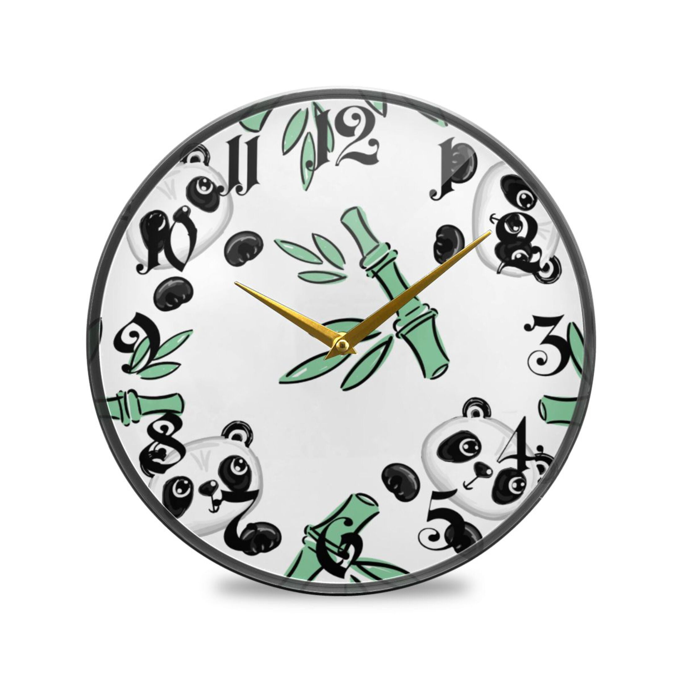 12" Round Silent Wall Clocks Cute Pandas and Bamboos Acrylic Battery ...