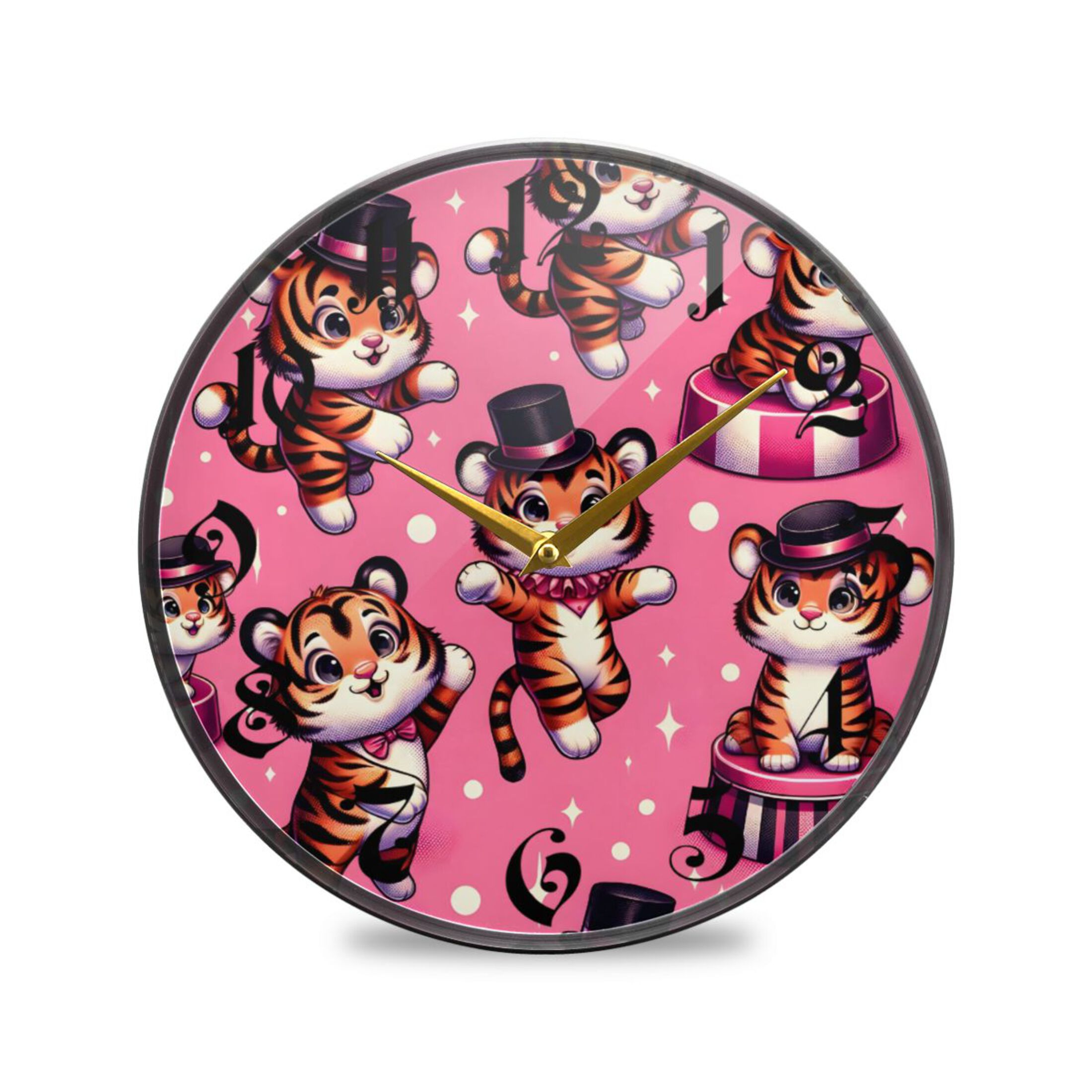 12" Round Silent Wall Clocks Cute Tigers on Pink Acrylic Battery Operated Clock Non-Ticking ...