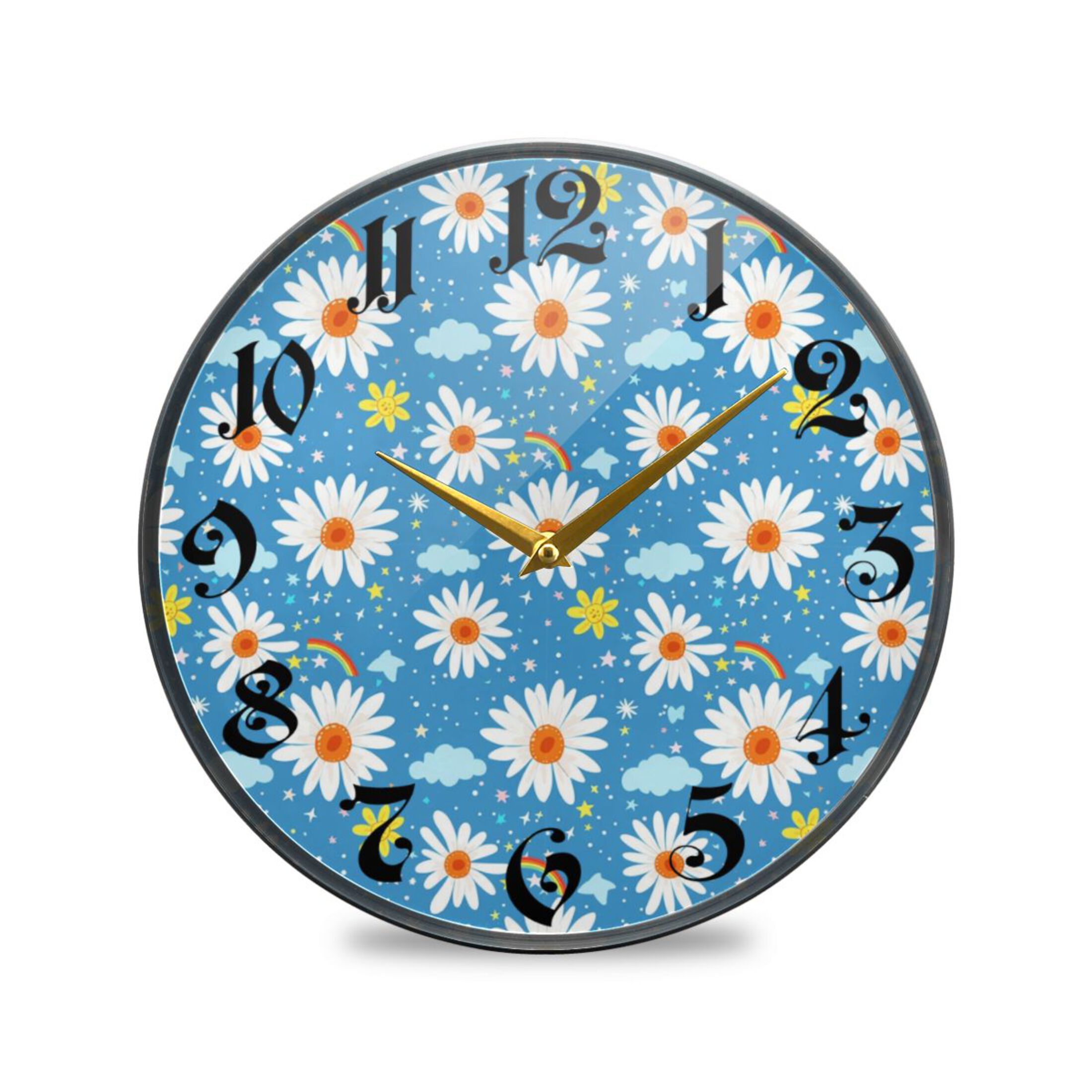 12" Round Silent Wall Clocks Daisies and Rainbows Acrylic Battery Operated Clock Non-Ticking ...