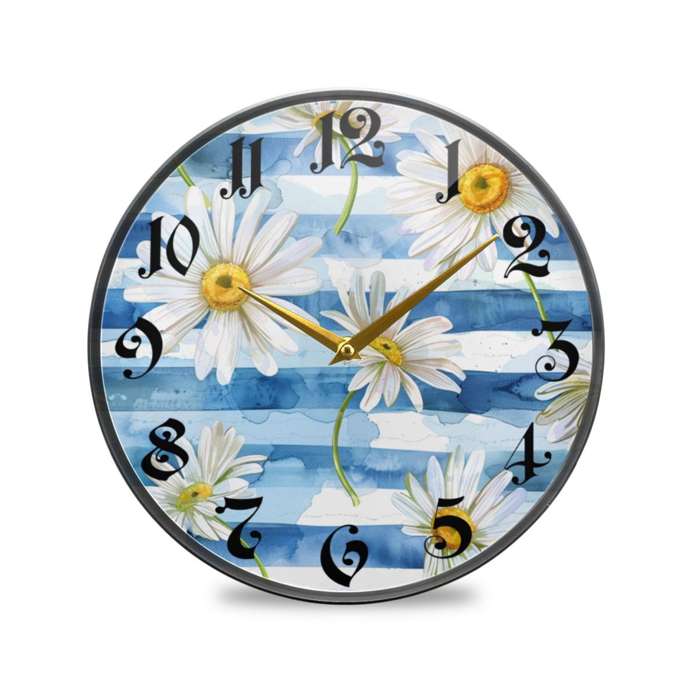 12" Round Silent Wall Clocks Daisy Flower on Blue Stripe Acrylic ...