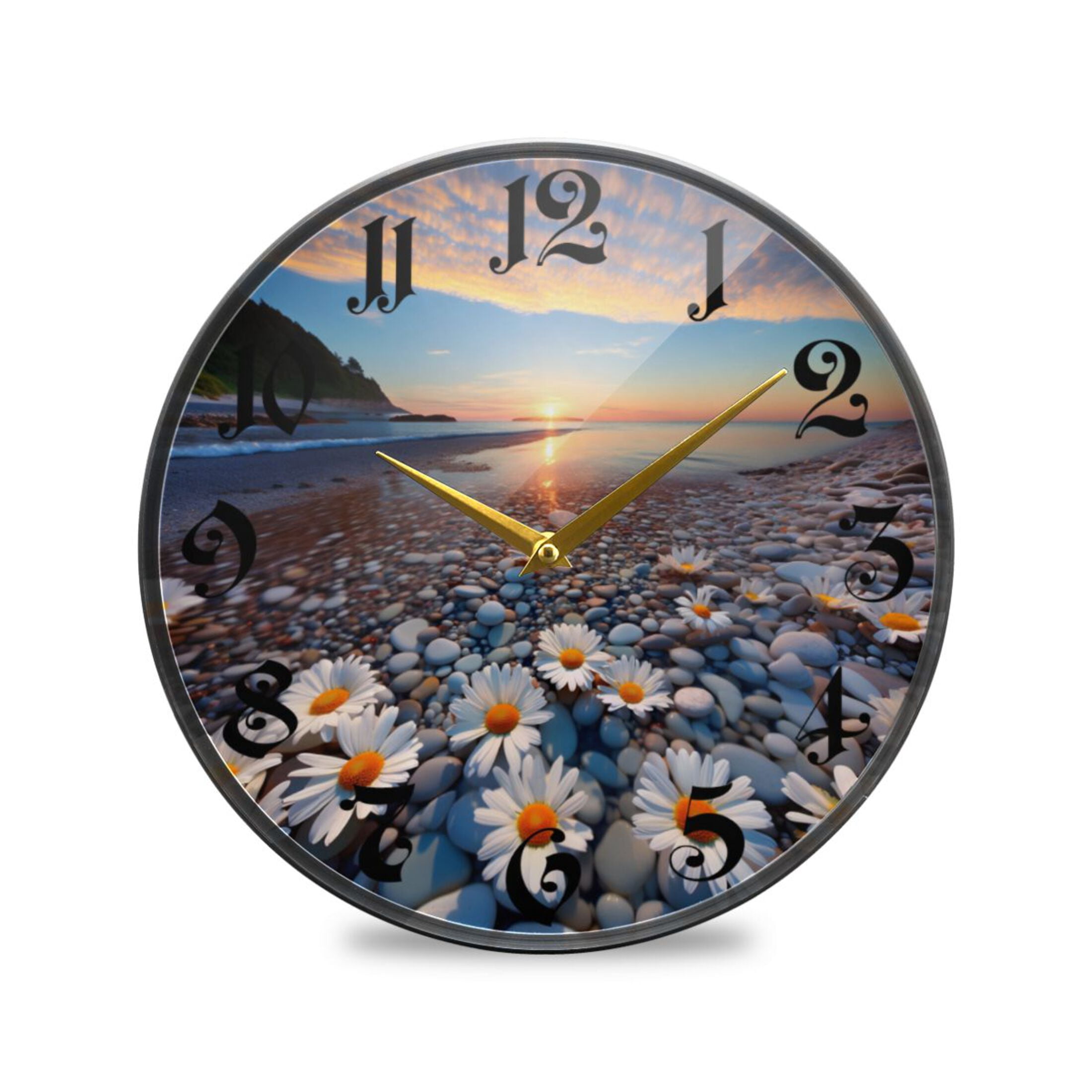 12" Round Silent Wall Clocks Daisy Flowers on Beach Acrylic Battery Operated Clock Non-Ticking ...