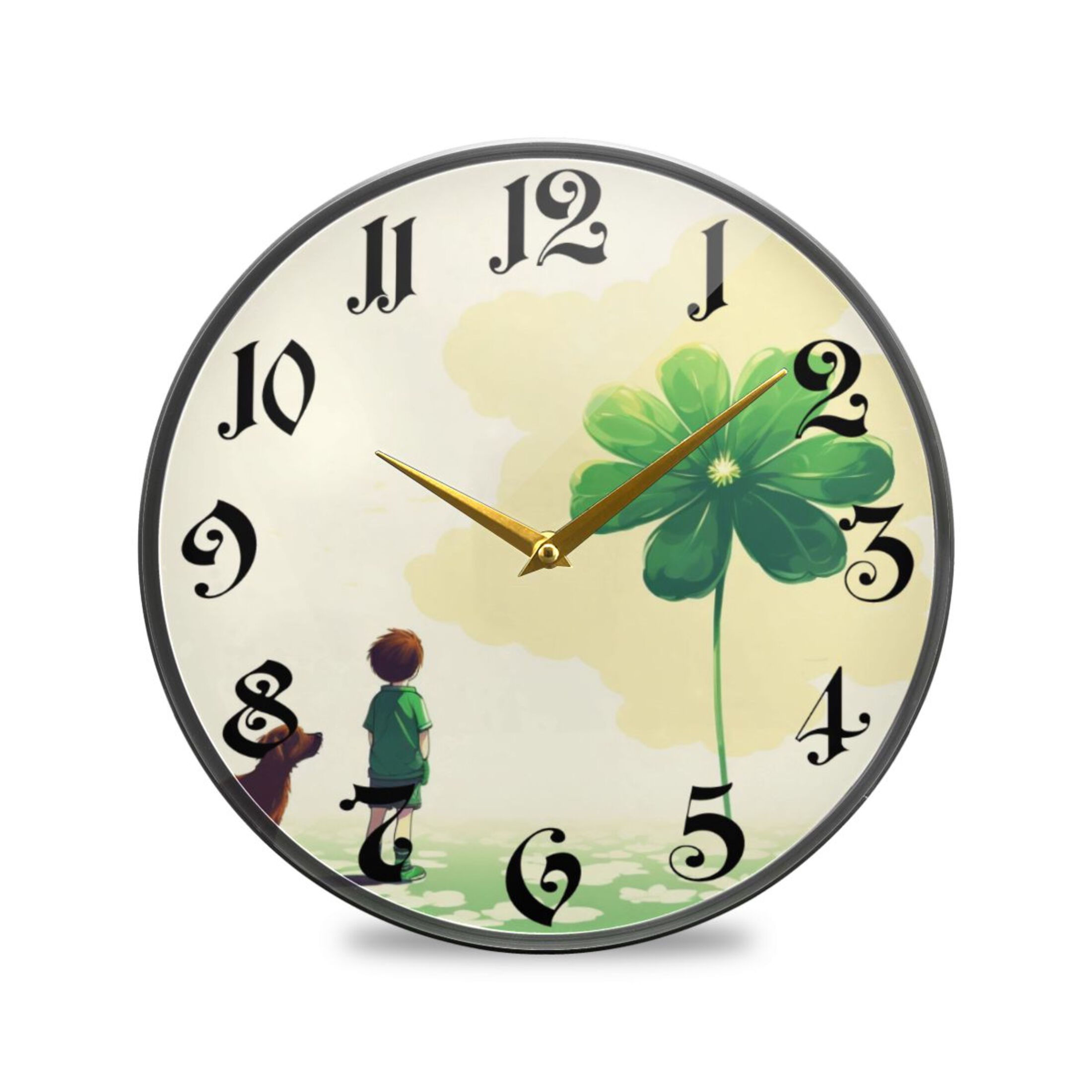 12" Round Silent Wall Clocks Dog and Clover Acrylic Battery Operated ...