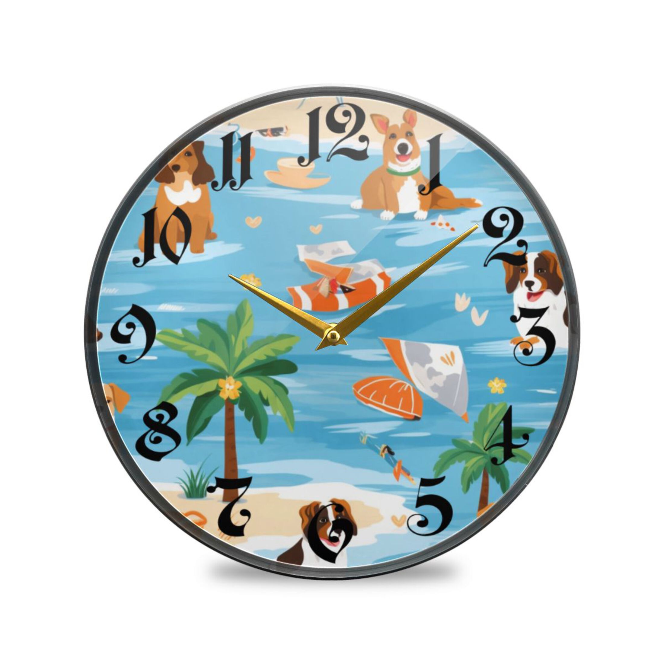 12" Round Silent Wall Clocks Dog in Beach Acrylic Battery Operated ...