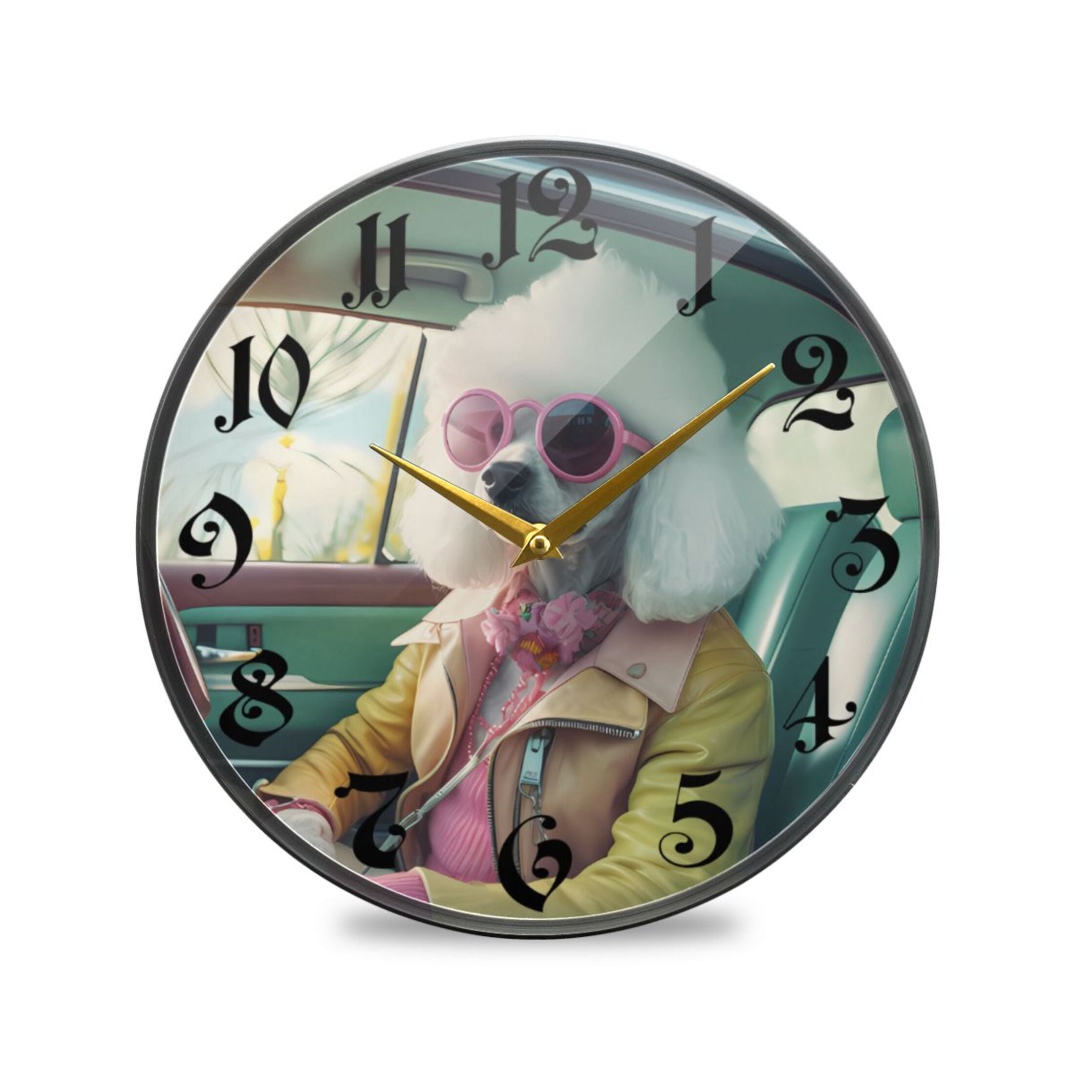 12" Round Silent Wall Clocks Dog in Car Acrylic Battery Operated Clock ...