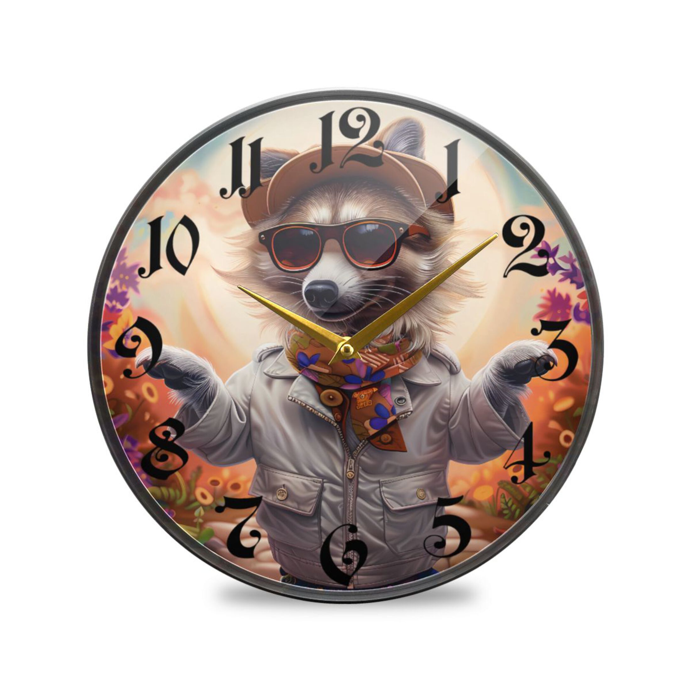12" Round Silent Wall Clocks Dog with Cool Sunglasses Acrylic Battery ...