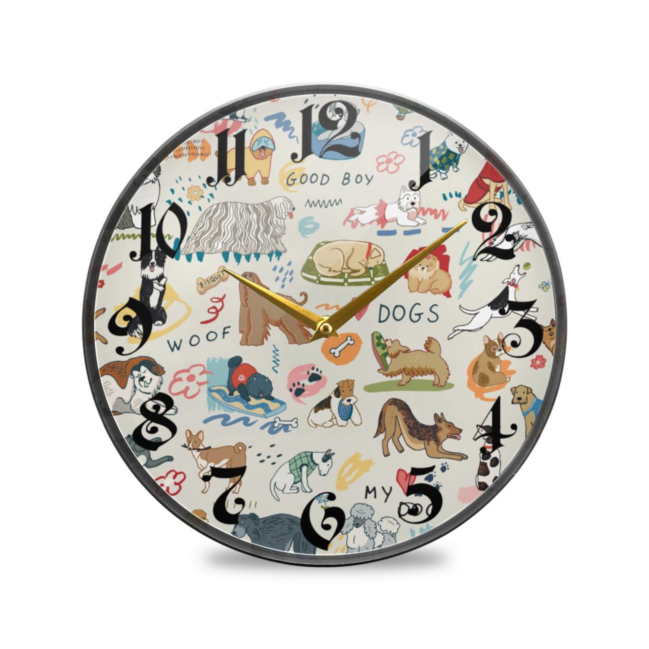 12" Round Silent Wall Clocks Dogs Funny Acrylic Battery Operated Clock ...