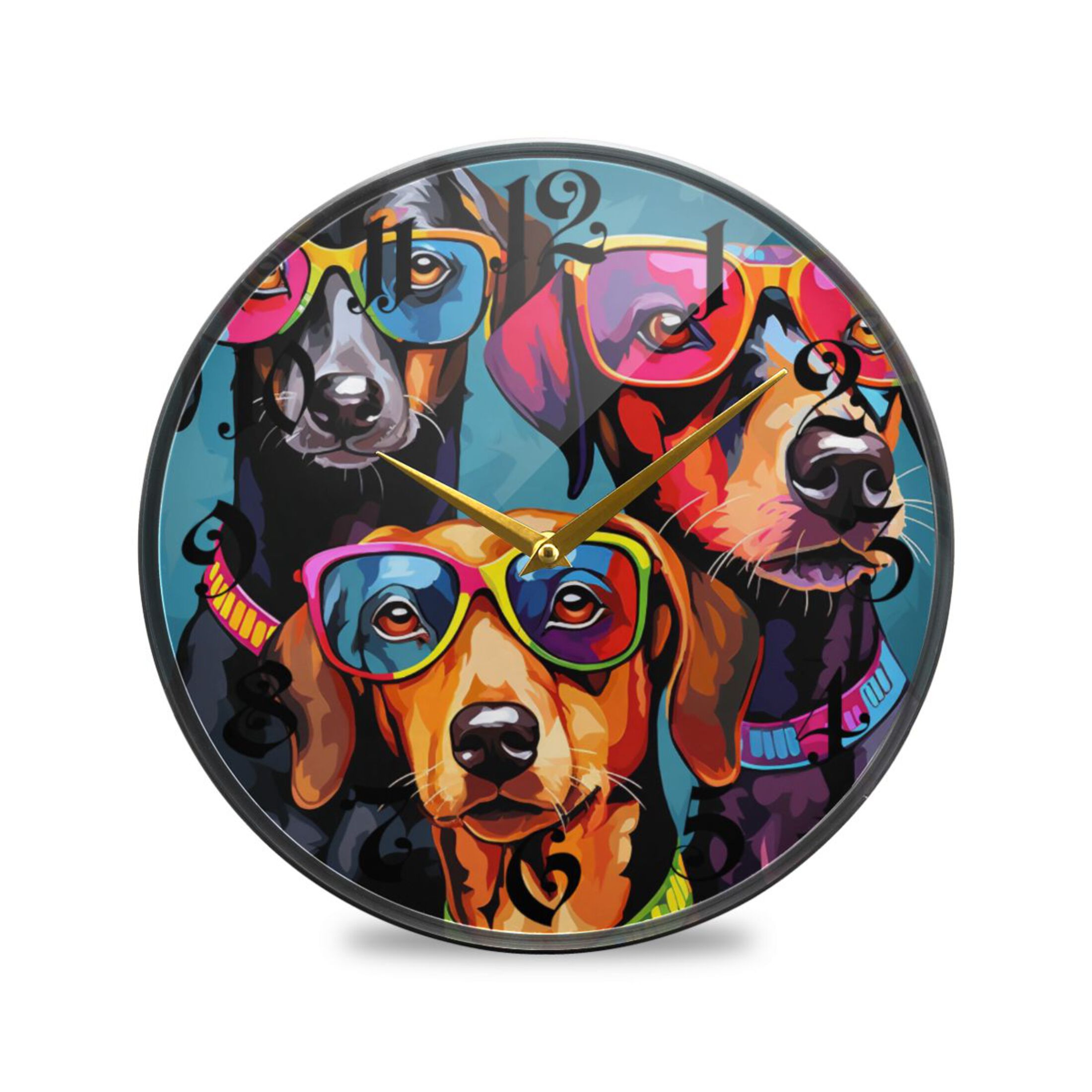 12" Round Silent Wall Clocks Dogs with Glasses Acrylic Battery Operated ...