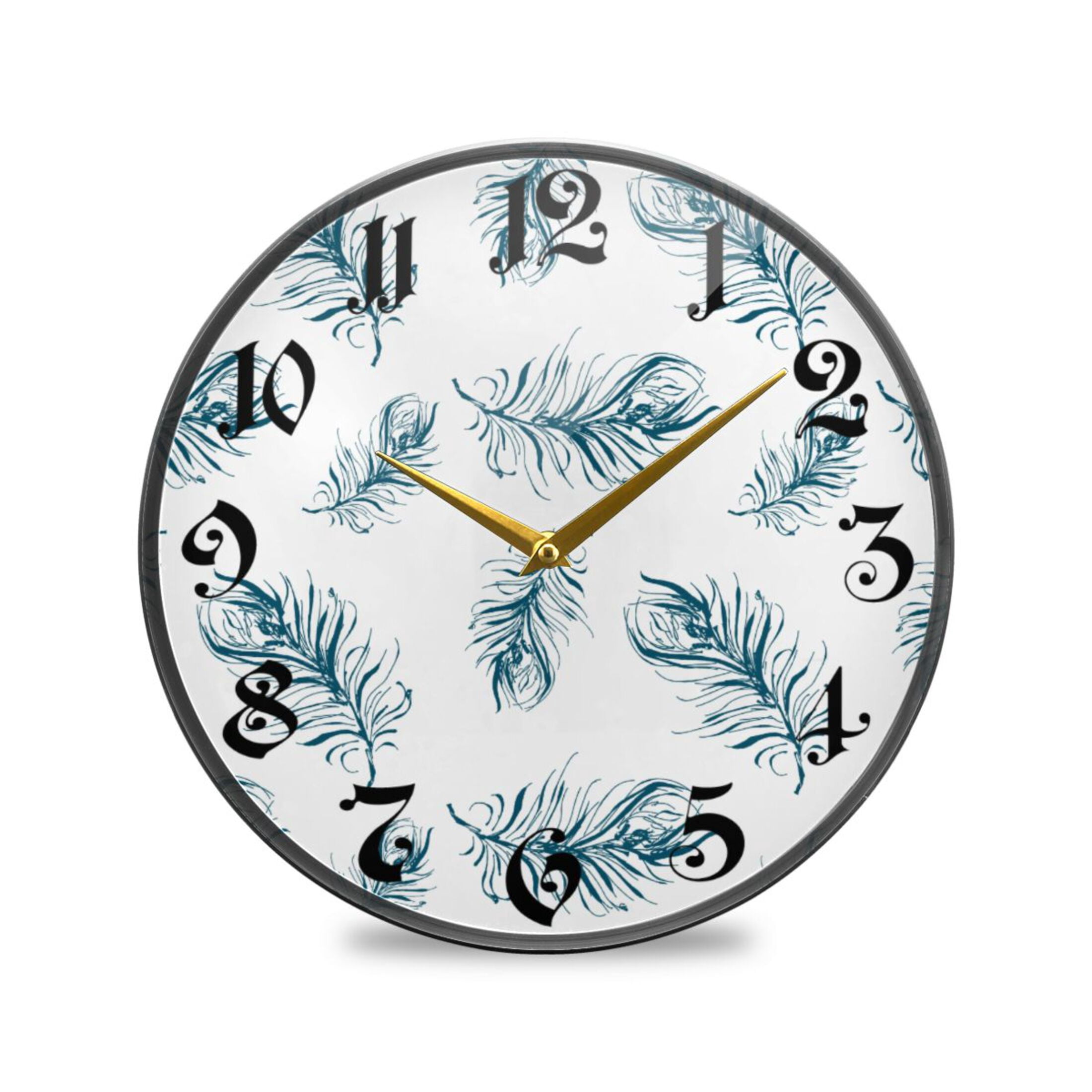 12" Round Silent Wall Clocks Elegant Feathers Acrylic Battery Operated ...